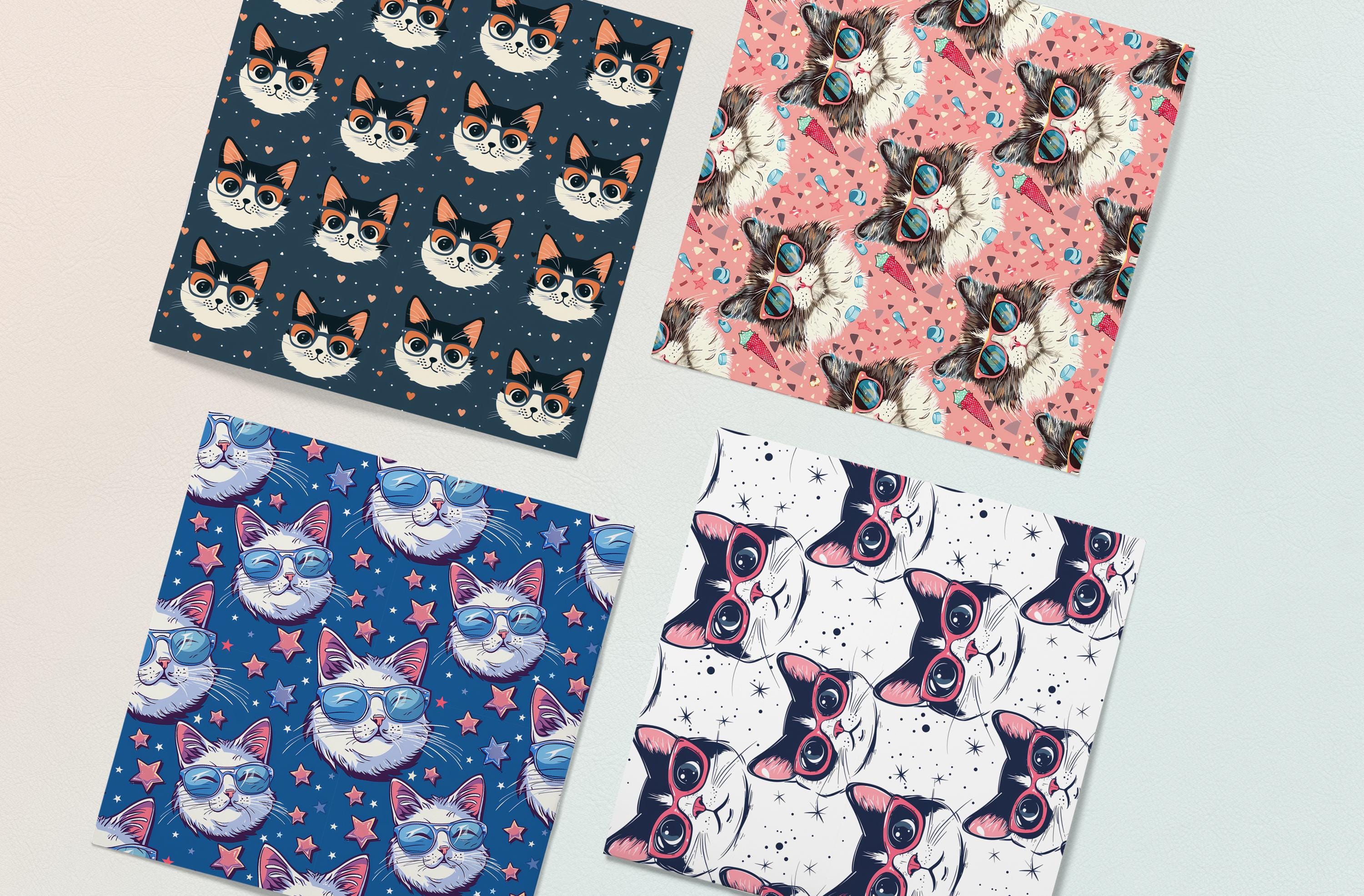 Cute Cat With Glasses Digital Papers, Kawaii Kittens Seamless Patterns ...