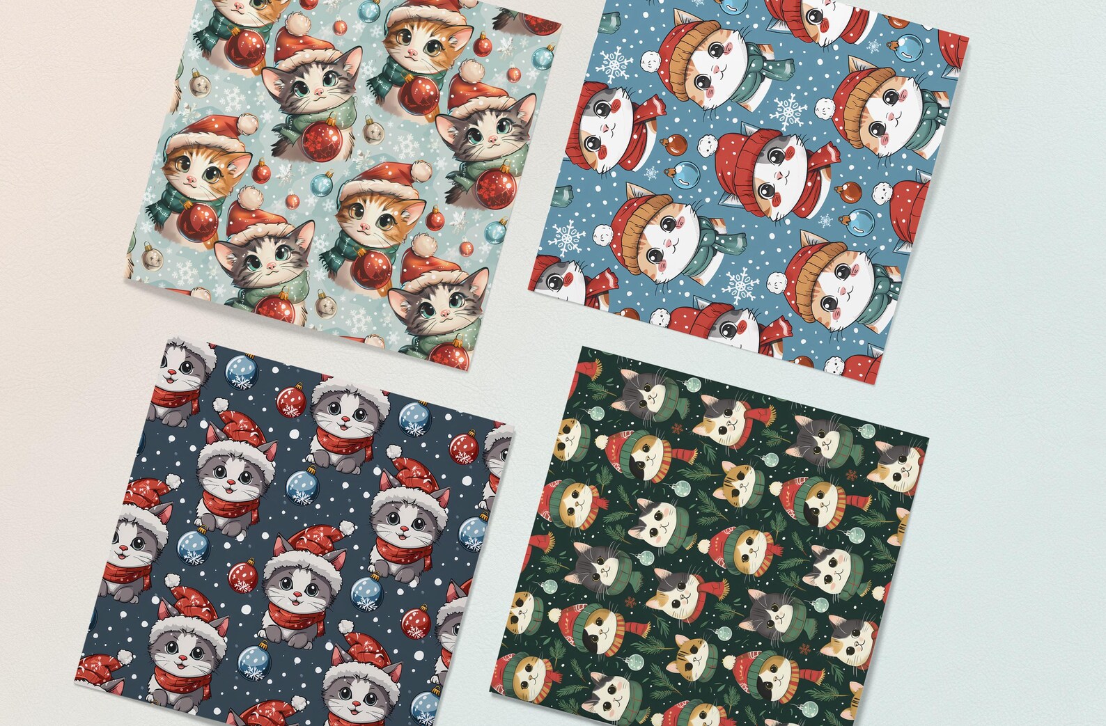 Cute Christmas Kittens Seamless Patterns, Festive Cat Digital Papers ...