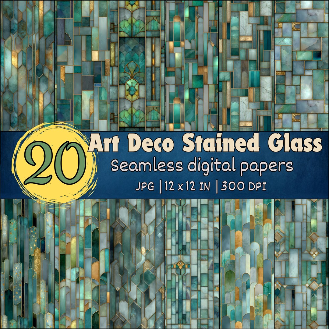 Art Deco Stained Glass Seamless Patterns, Green Gold Stained Glass ...