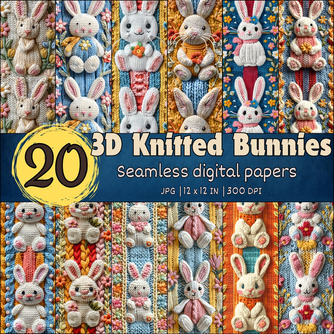 3D Knitted Easter Bunny Seamless Pattern, 20 Easter Repeating Patterns ...