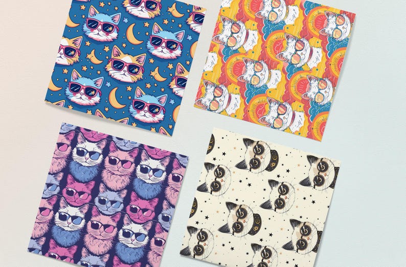 Cute Cat With Glasses Digital Papers, Kawaii Kittens Seamless Patterns ...