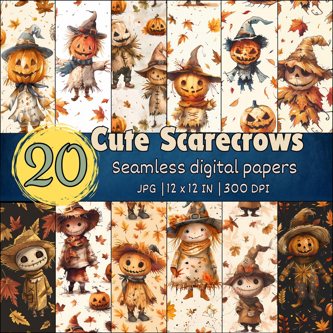 Cute Scarecrows Seamless Pattern, Halloween Digital Papers, Scarecrow ...