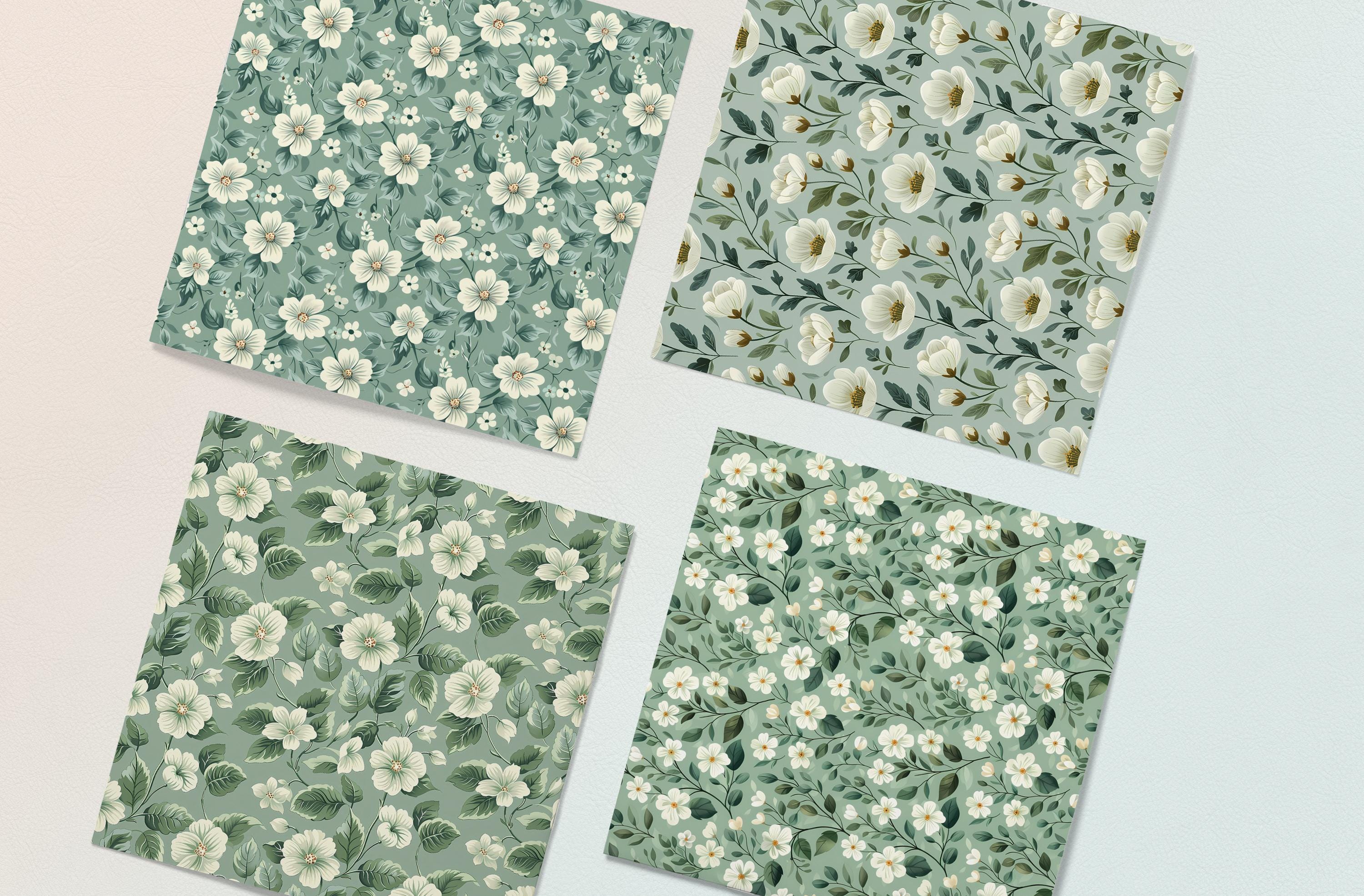 Sage Green Floral Seamless Patterns, Botanical Digital Papers, Elegant ...