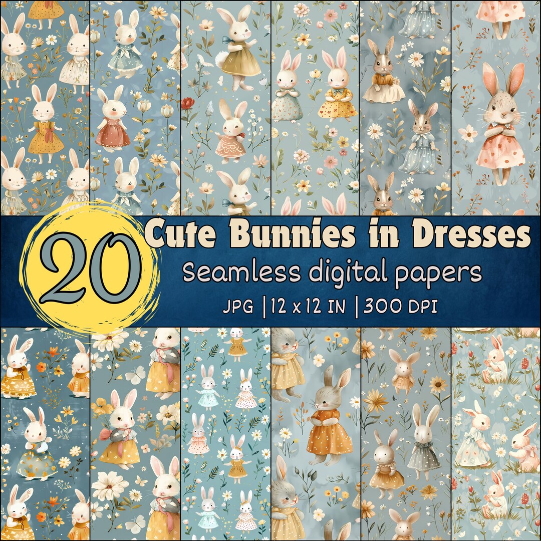 Cute Bunnies in Dresses Seamless Patterns, Cottagecore Digital Papers ...