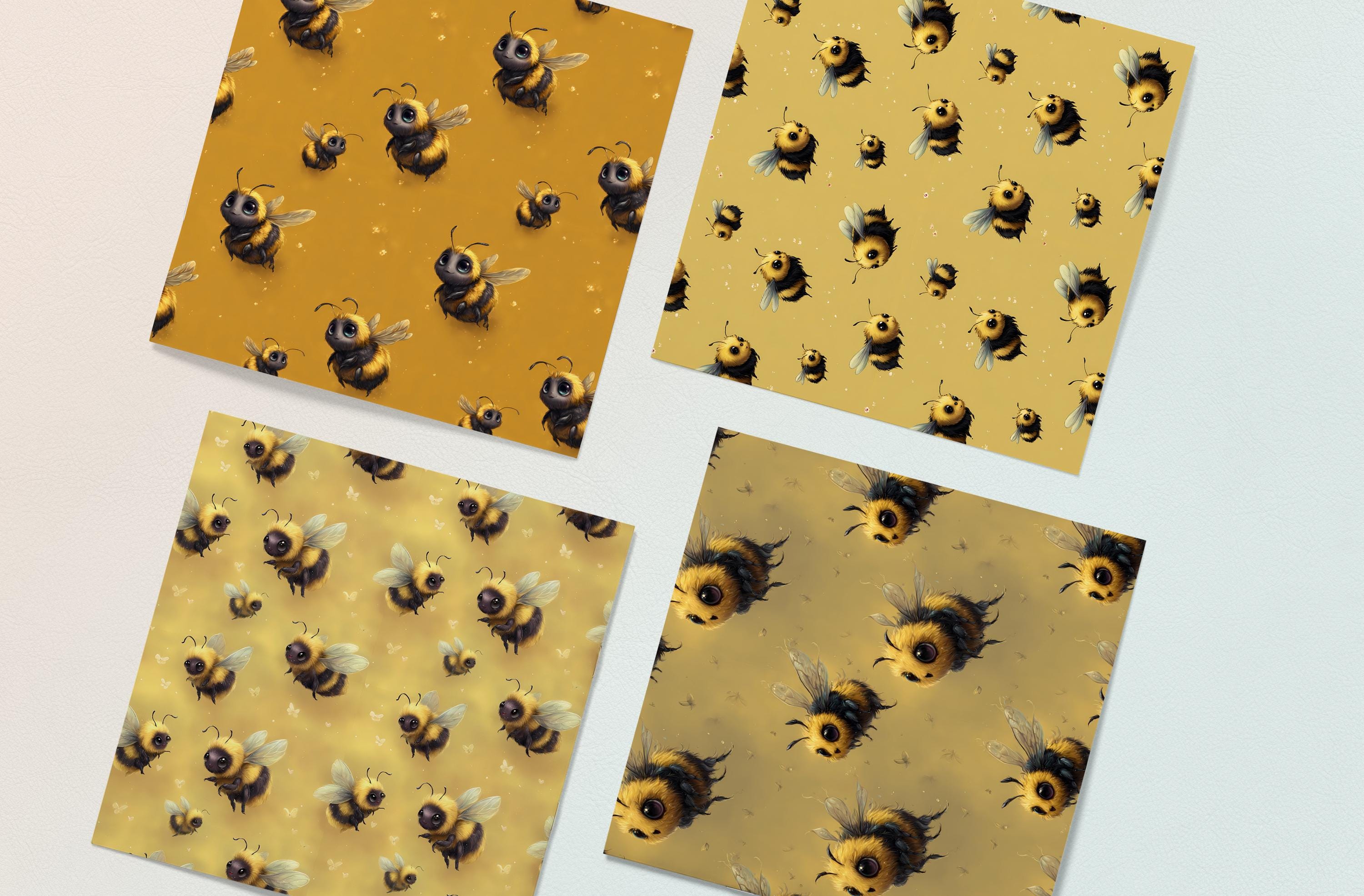 3D Bumblebee Digital Papers, Seamless Cute Bee Patterns, Yellow & Gold ...