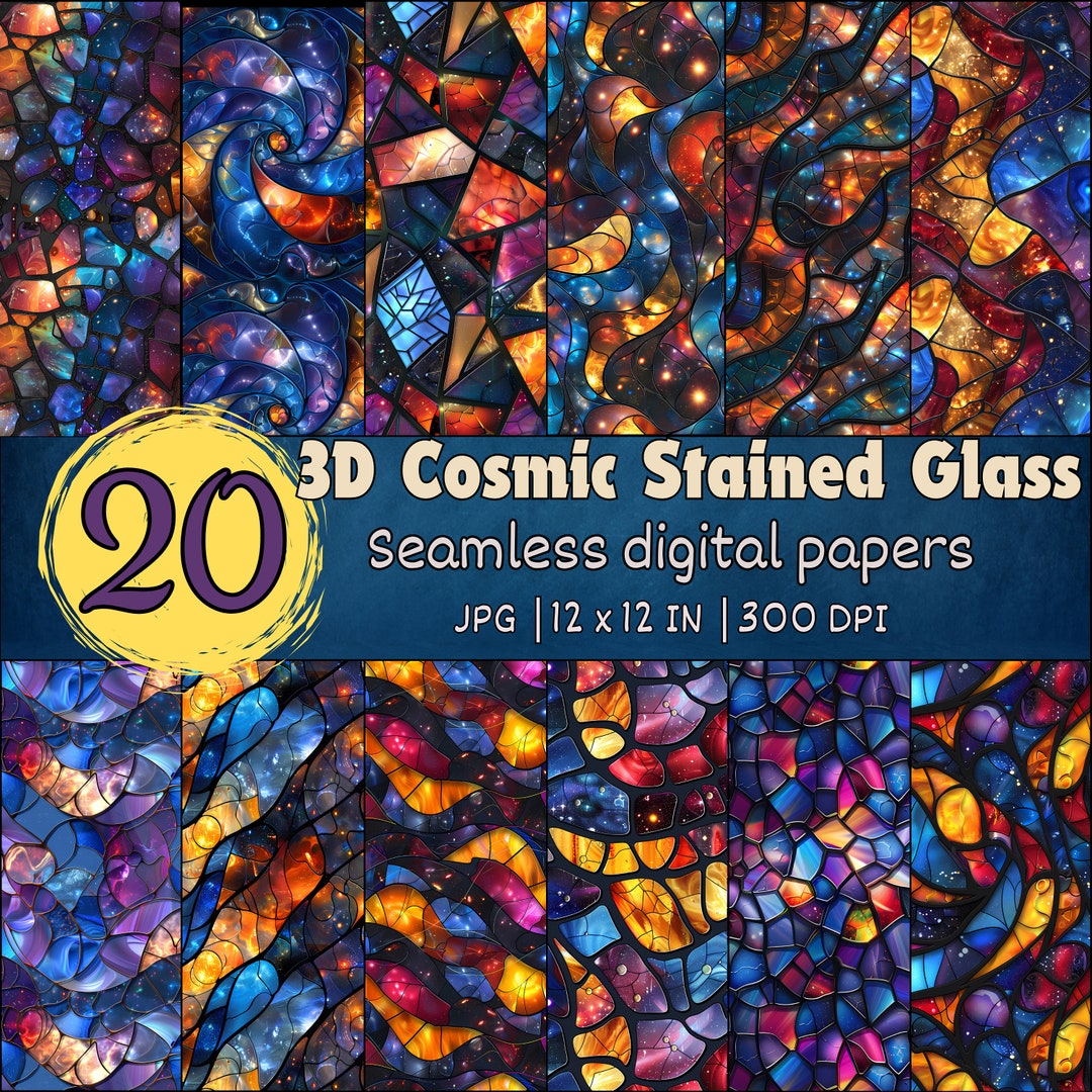3D Stained Glass Seamless Pattern, Cosmic Stained Glass Digital Papers ...