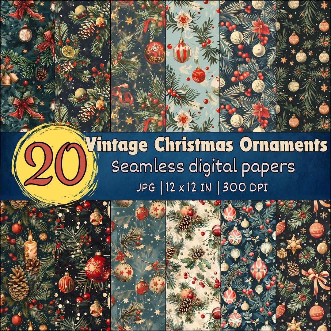 Vintage Christmas Seamless Pattern, Retro Christmas Ornament Digital ...
