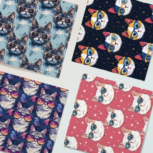 Cute Cat With Glasses Digital Papers, Kawaii Kittens Seamless Patterns ...