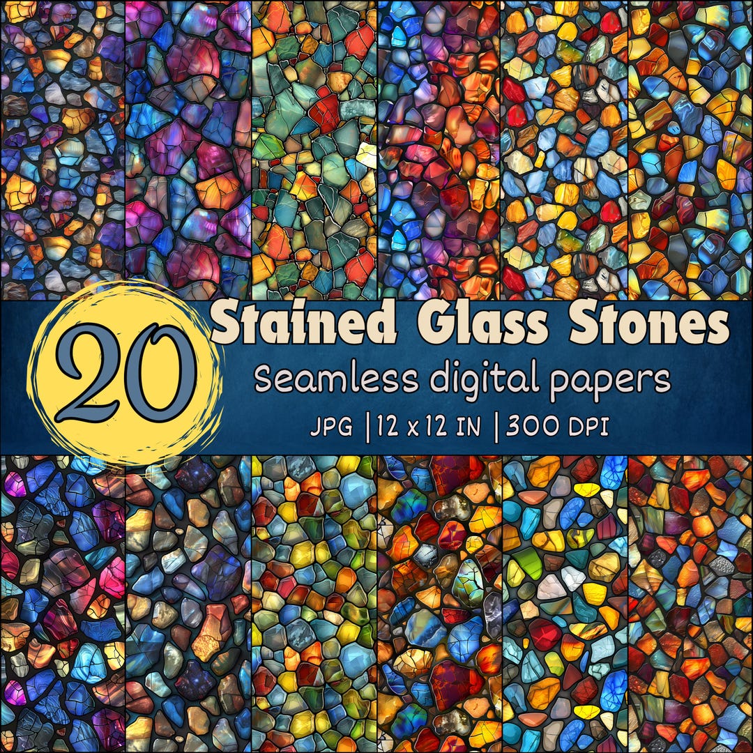 Stained Glass Stone Seamless Patterns, Vibrant Digital Paper, Colorful ...