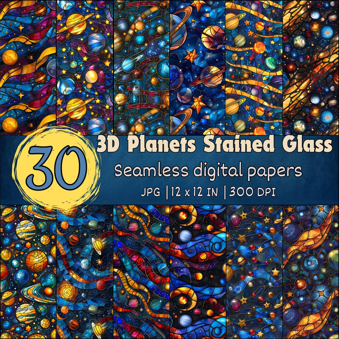Planets Stained Glass Seamless Pattern, Stars Repeating Pattern, Cosmos ...