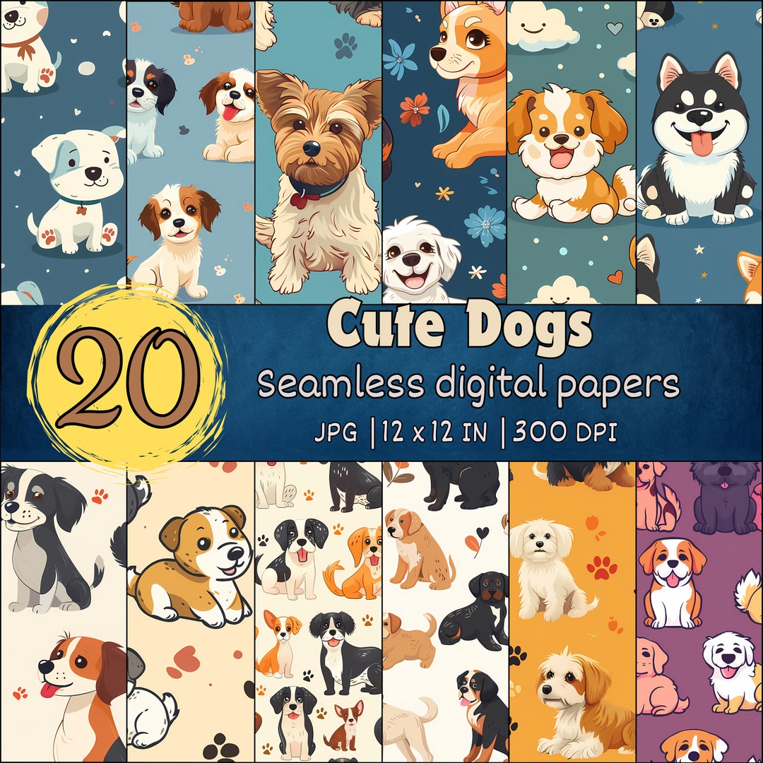 Cute Dogs Digital Papers, Kawaii Dogs Seamless Pattern, Dog Wallpapers ...