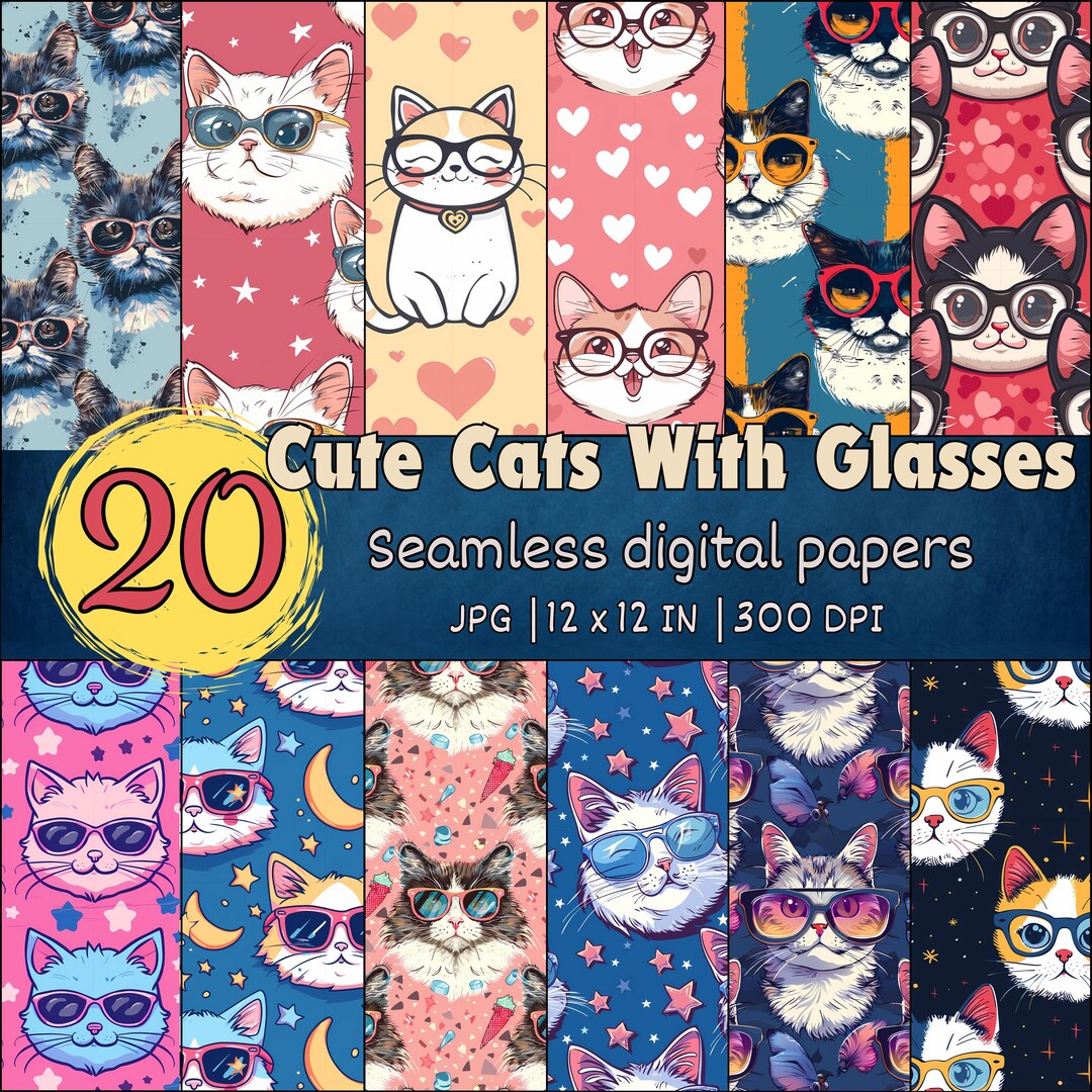Cute Cat With Glasses Digital Papers, Kawaii Kittens Seamless Patterns ...