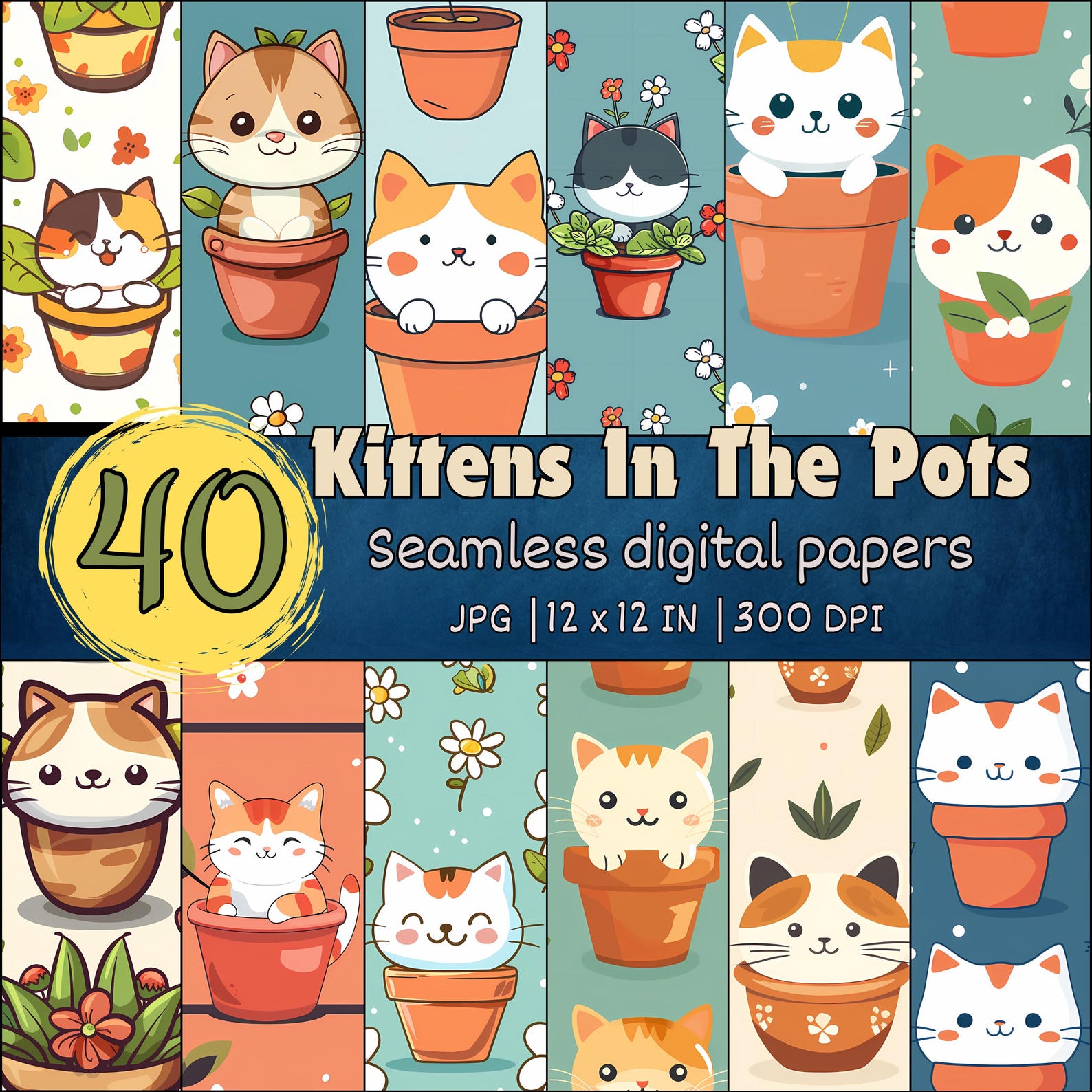 Kittens in the Pots Seamless Pattern, Cute Cats Digital Papers, Kawaii ...