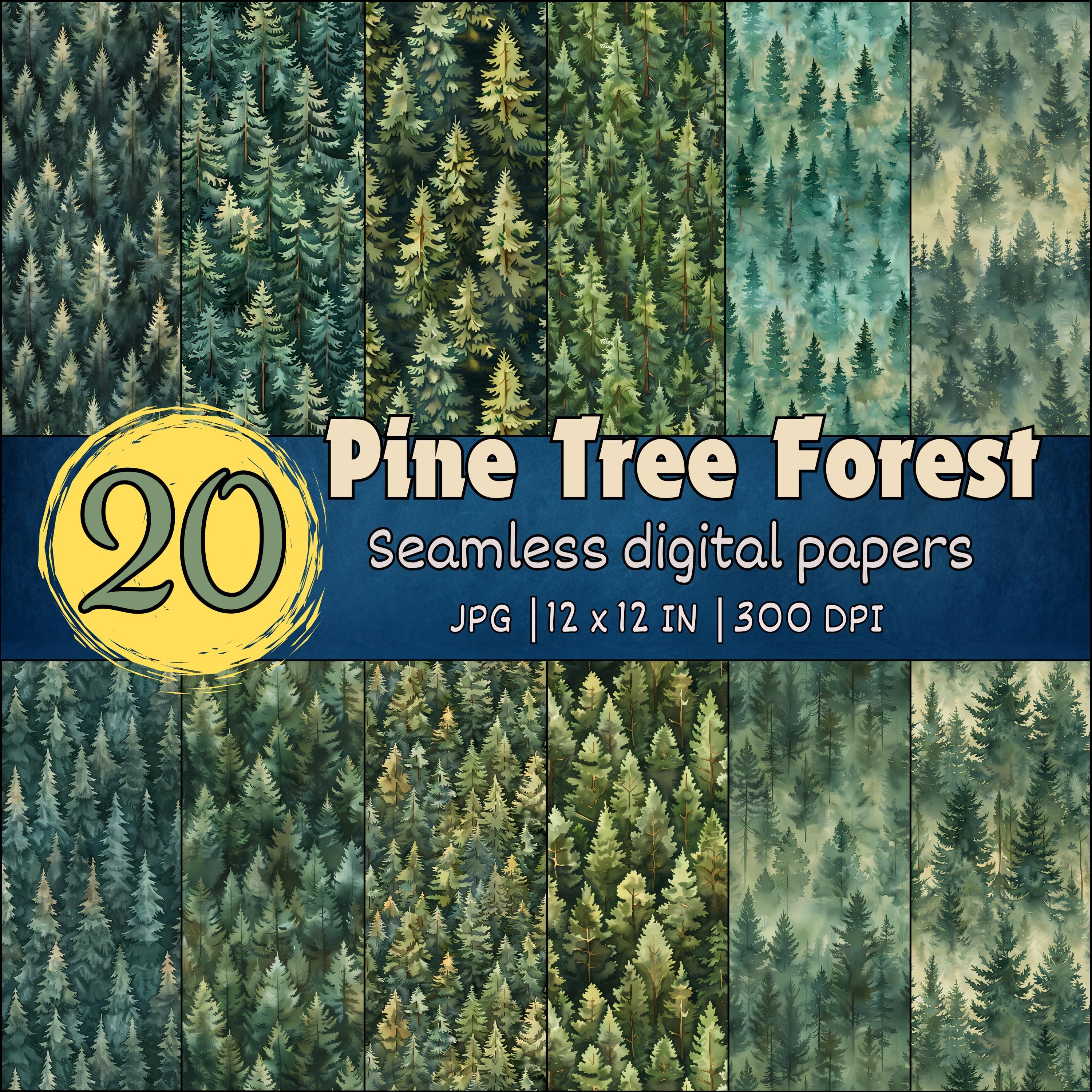 Watercolor Pine Tree Forest Seamless Pattern, Misty Forest Digital ...