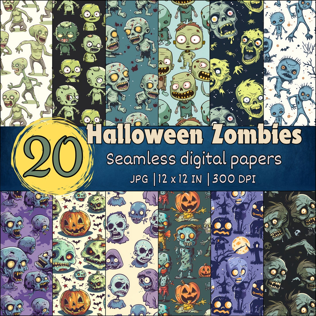 Halloween Zombies Seamless Pattern, Cute Halloween Monsters Digital ...