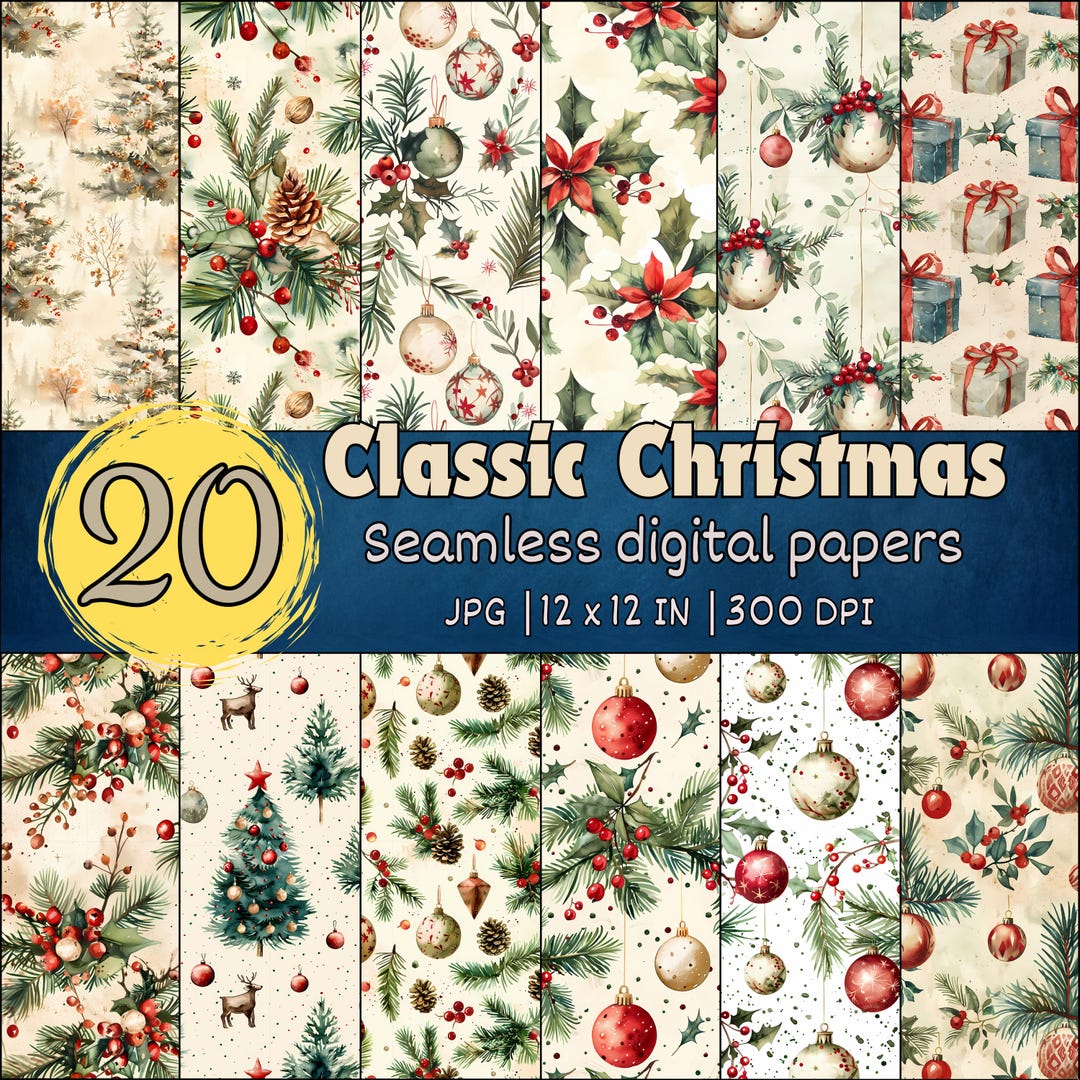 Classic Christmas Seamless Patterns, Retro Christmas Digital Papers ...