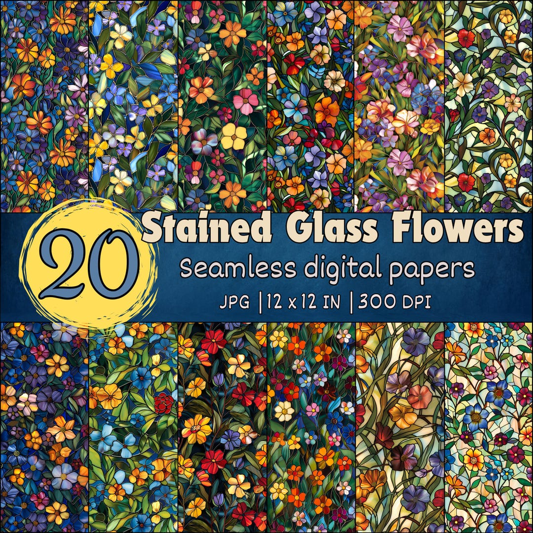 Stained Glass Flowers Seamless Patterns, Vibrant Floral Digital Papers ...