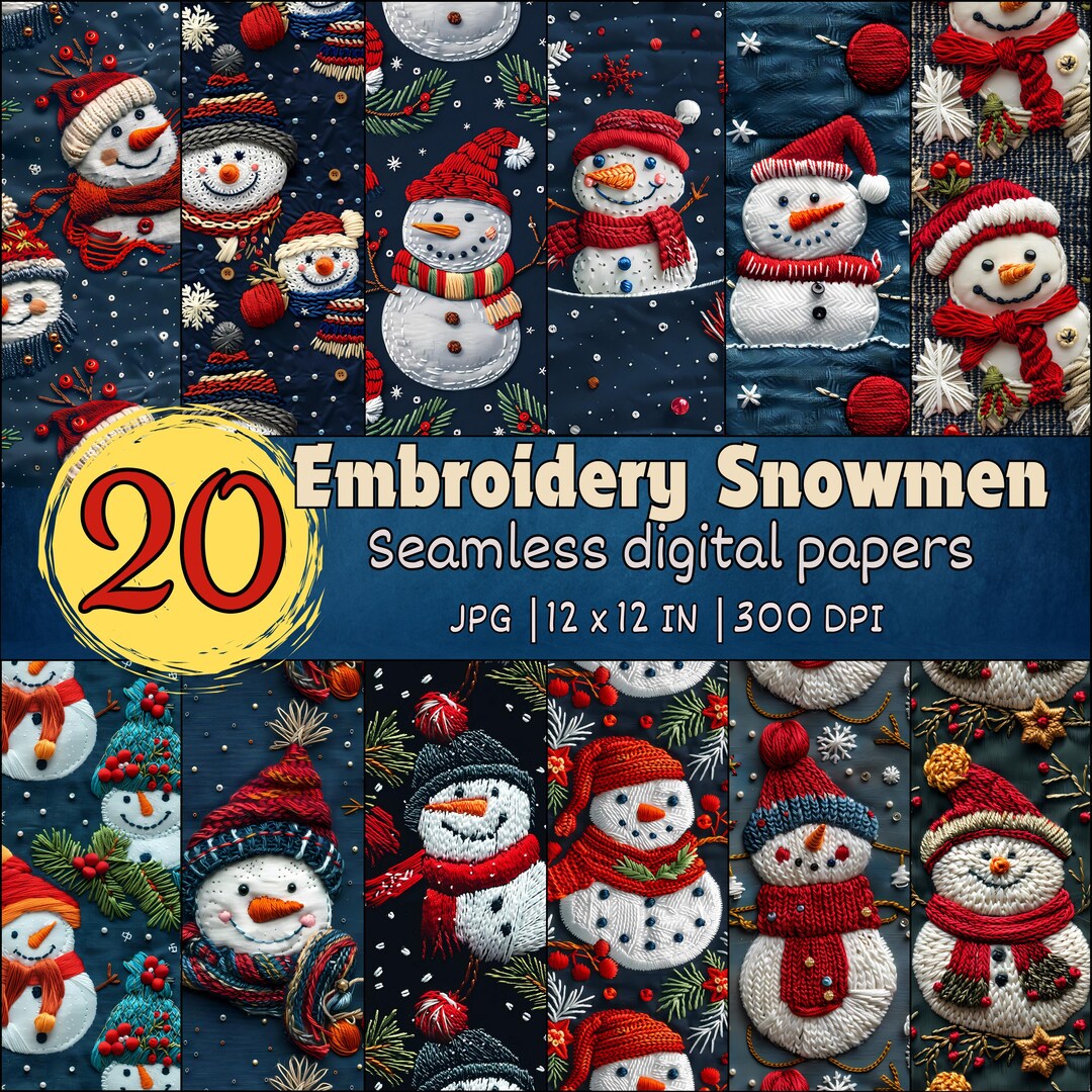 Embroidery Snowmen Seamless Pattern, Cute Christmas Snowmen Digital ...