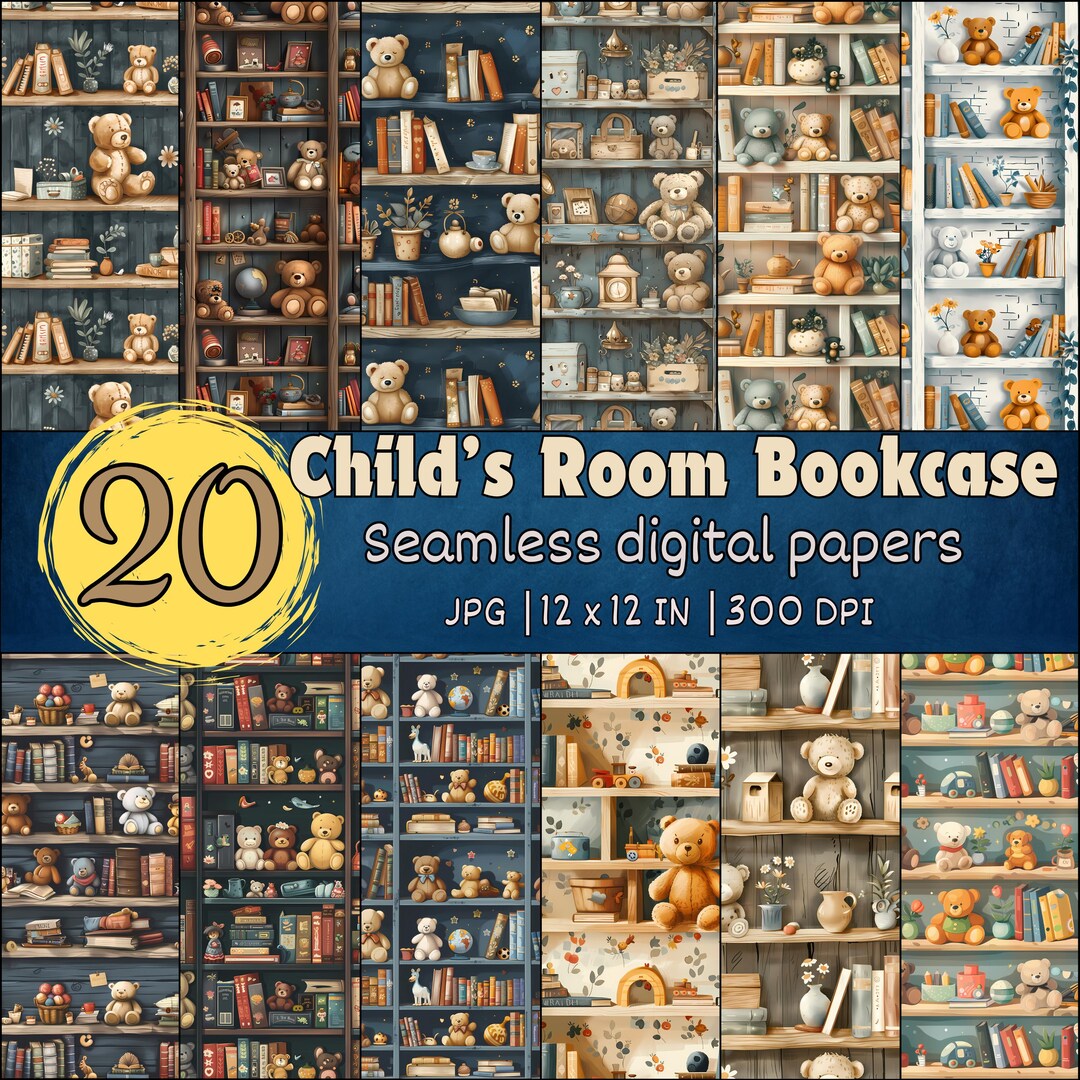 Child’s Room Bookcase Seamless Patterns, Bookshelf Digital Papers, Cozy ...