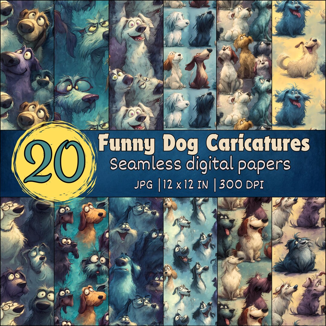 Funny Dog Caricature Digital Papers – Cartoon Dog Seamless Patterns ...
