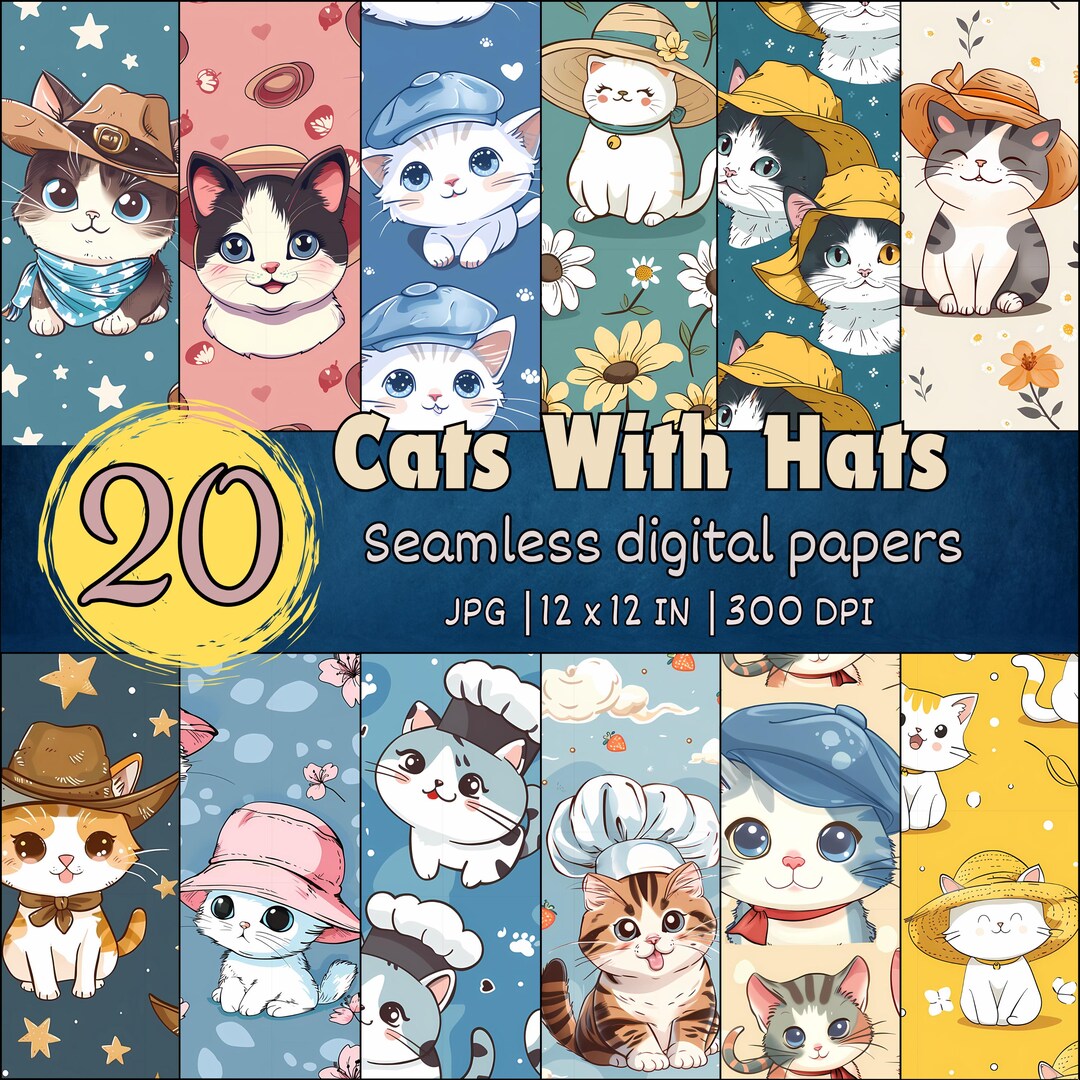 Cute Cats With Hats Seamless Pattern, Kawaii Kitten Digital Papers ...