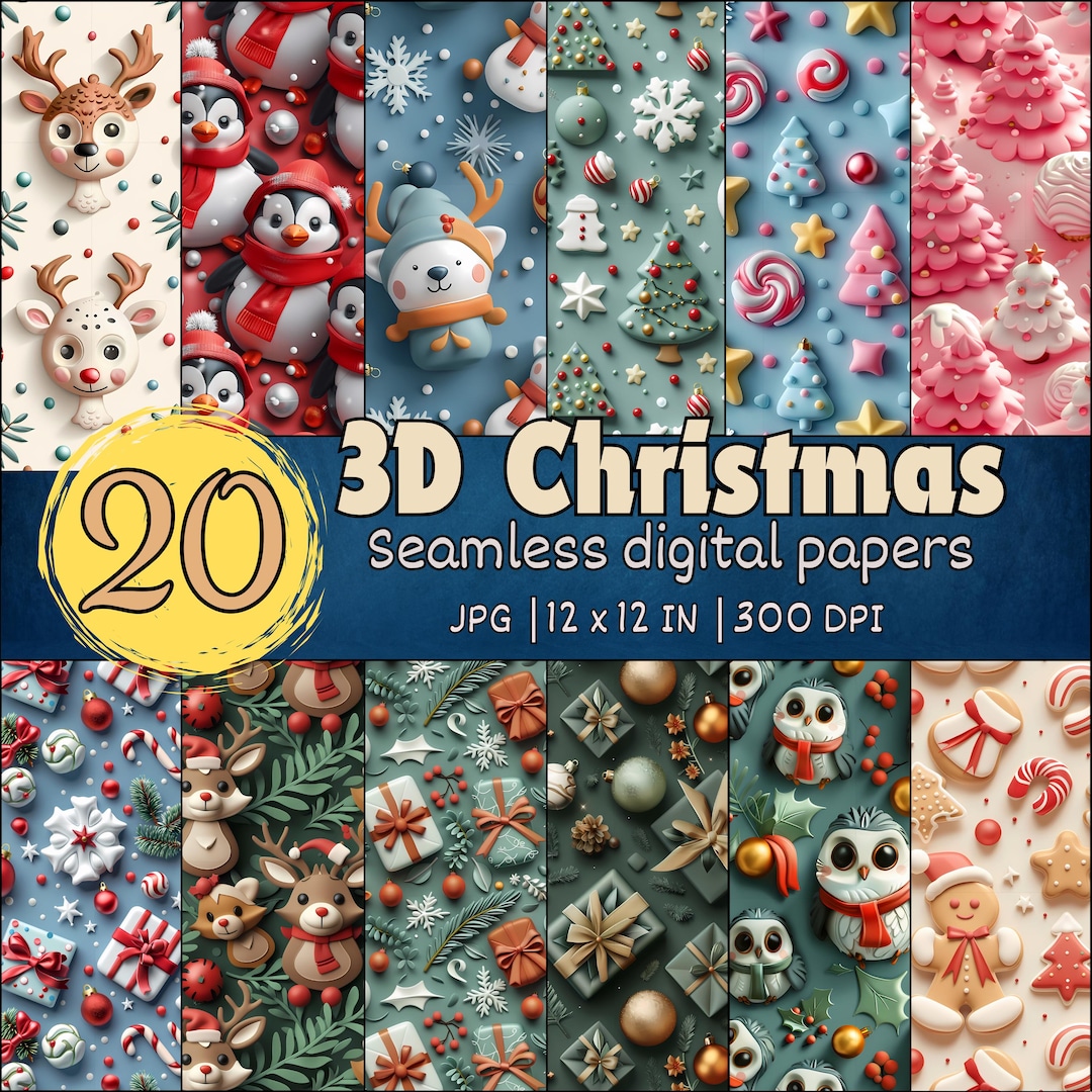 3D Christmas Seamless Patterns, Cute Christmas Digital Papers ...