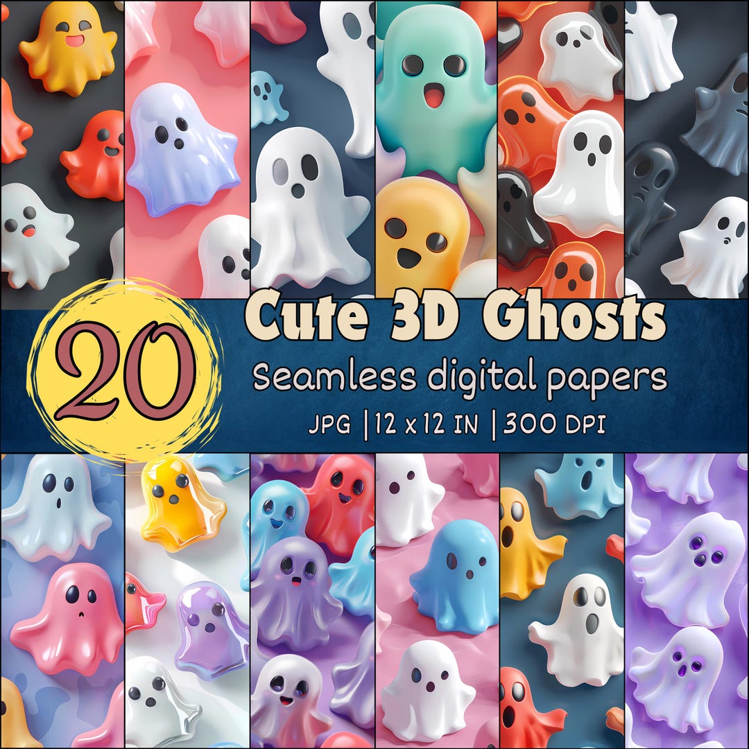 Cute 3D Ghosts Seamless Patterns, Kawaii Ghosts Digital Papers, Spooky ...