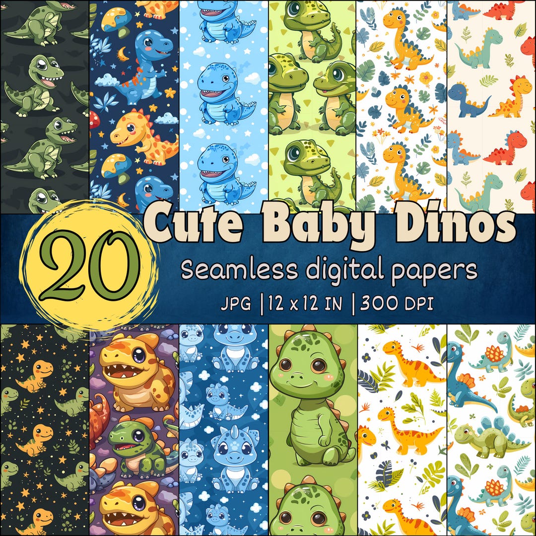 Cute Baby Dinosaur Seamless Patterns, Dino Digital Papers, Prehistoric ...