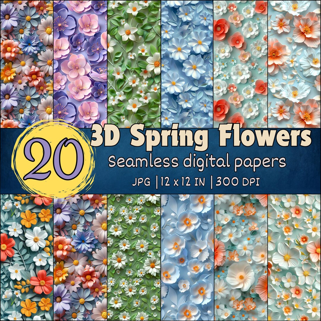 3D Spring Floral Seamless Patterns, Flower Digital Papers, Elegant ...