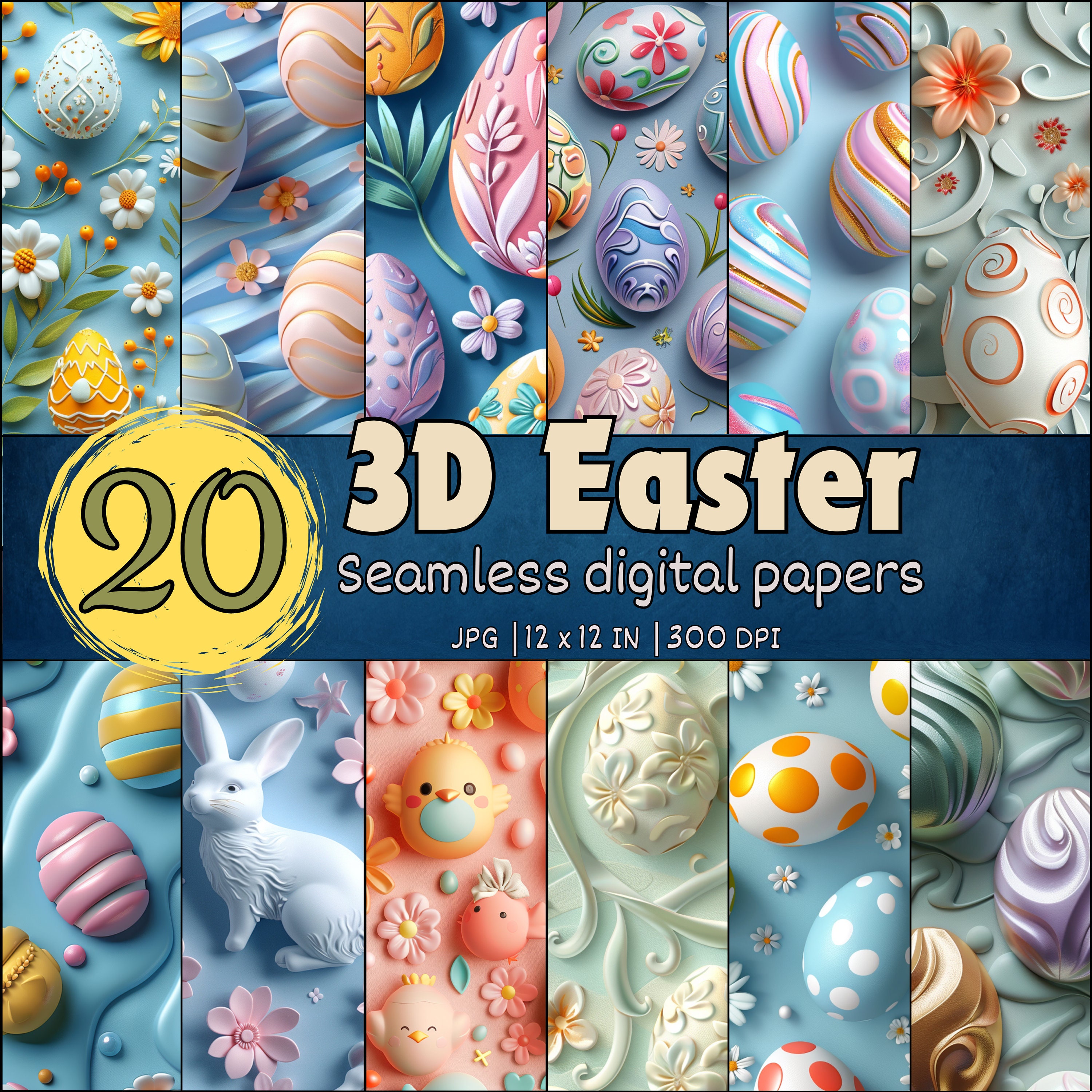 20 Cute 3D Easter Seamless Digital Papers, 3D Easter Wrapping Paper ...