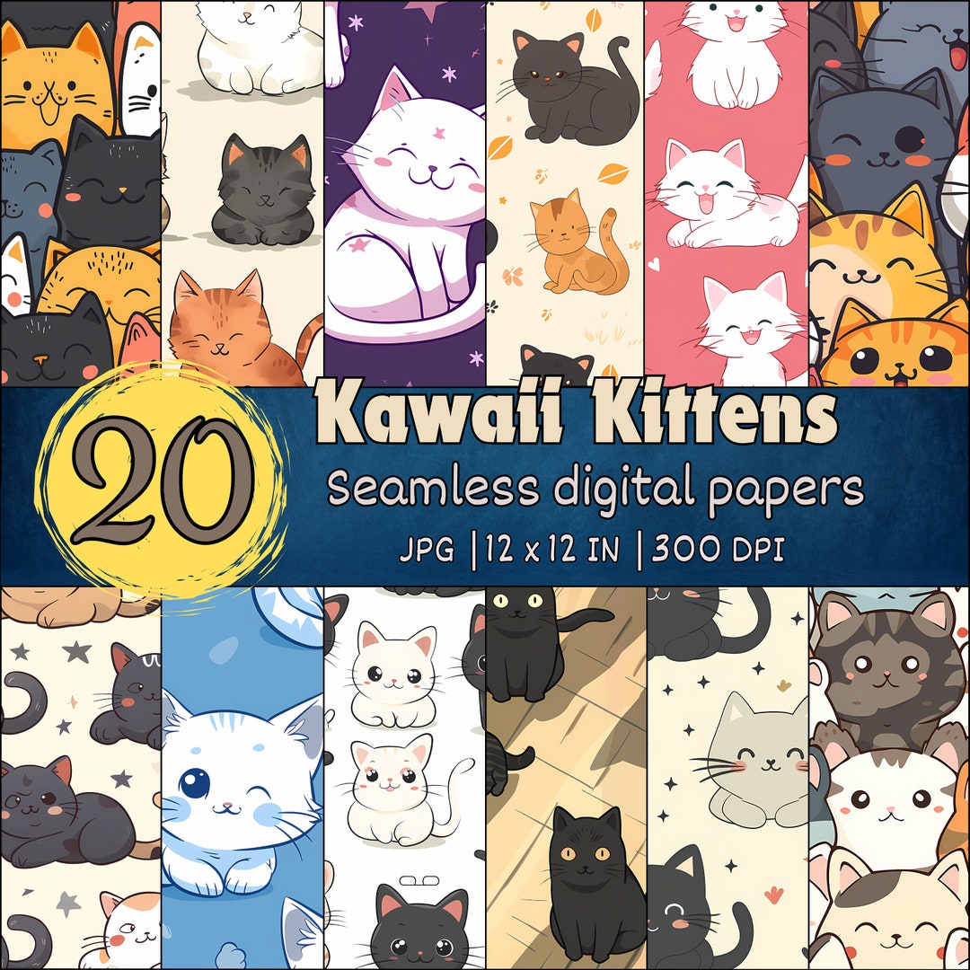 Kawaii Kittens Digital Papers, Cute Kittens Seamless Patterns, Cats ...