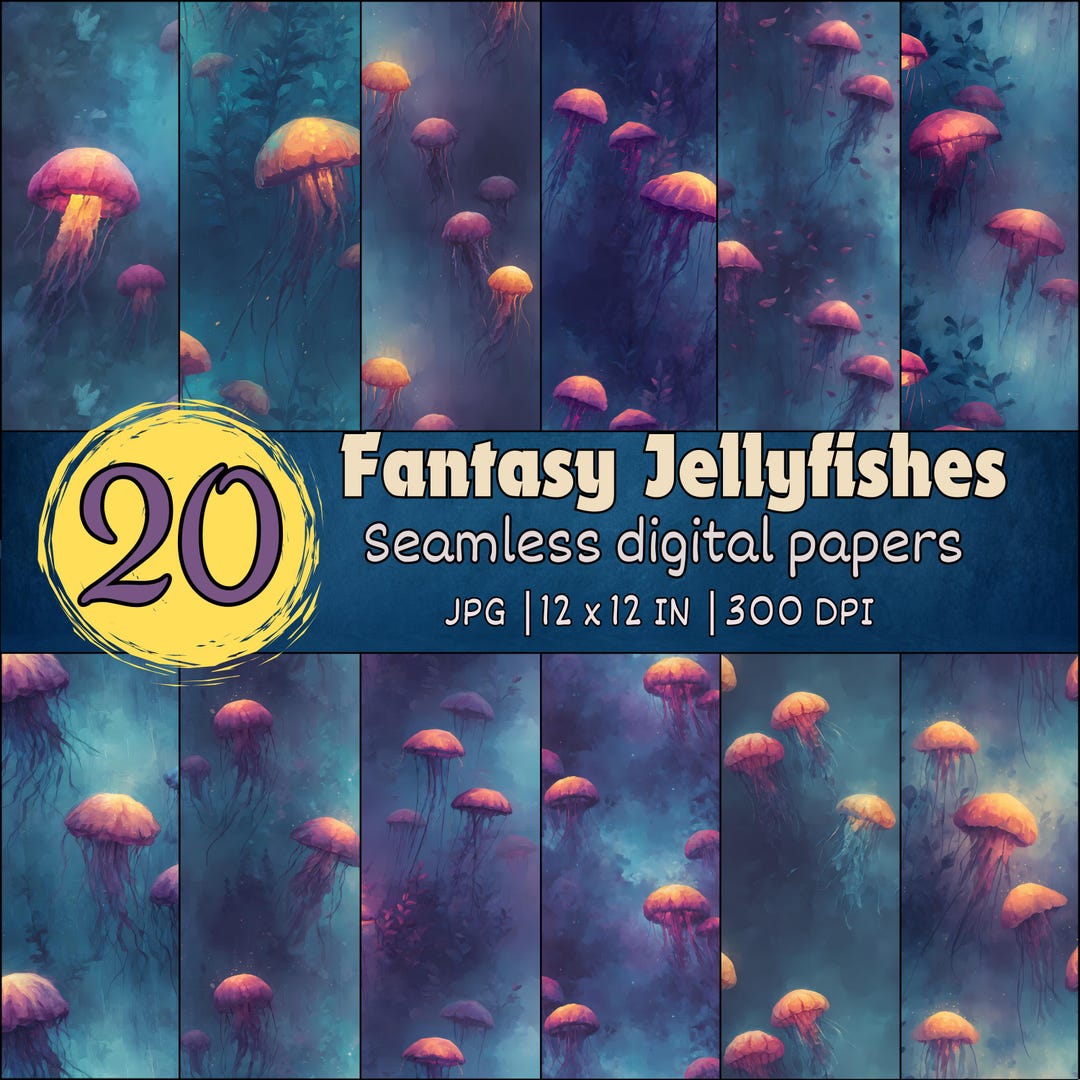 Fantasy Jellyfish Seamless Patterns, Magical Underwater Digital Papers ...