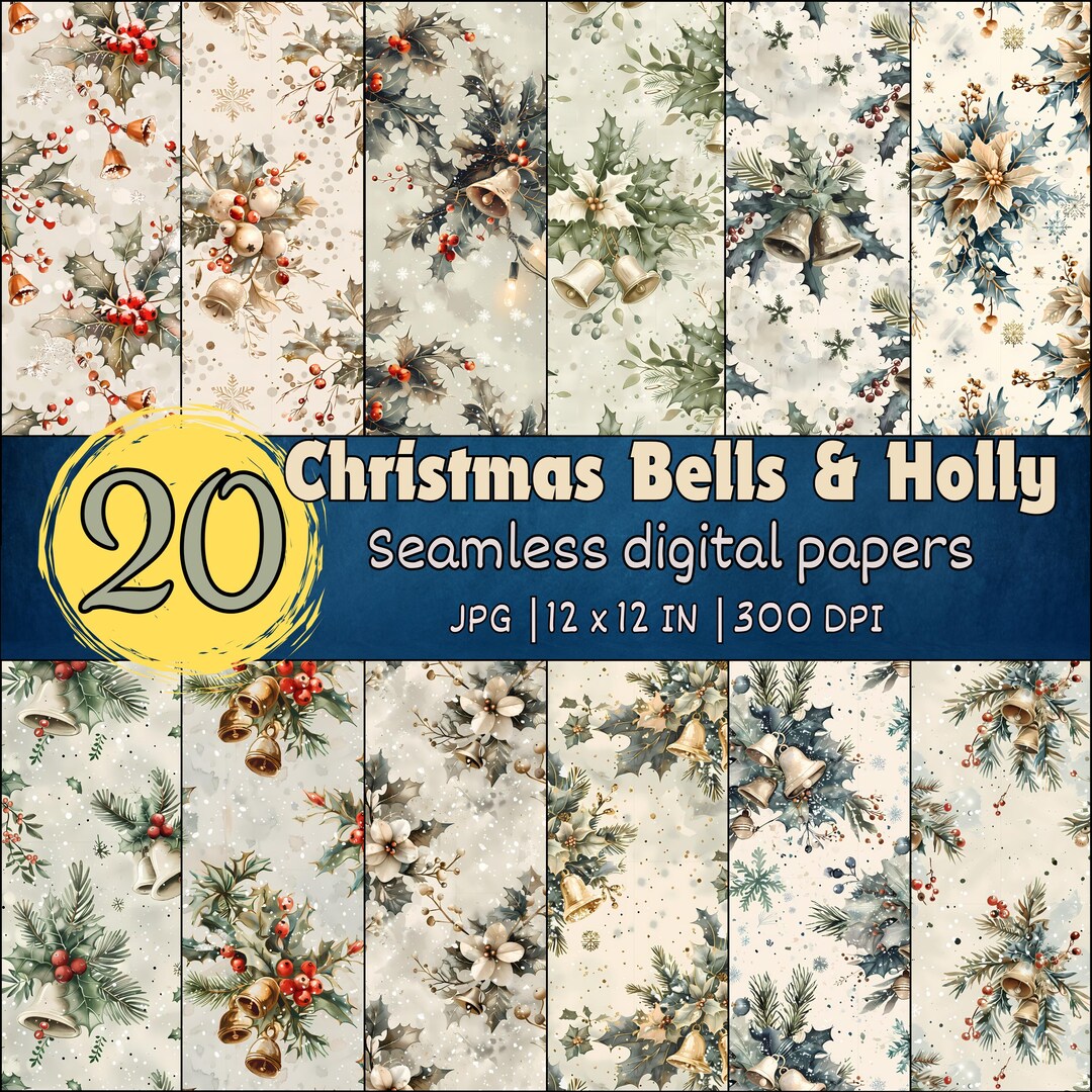 Christmas Bells Seamless Pattern, Winter Holly Digital Papers, Vintage ...