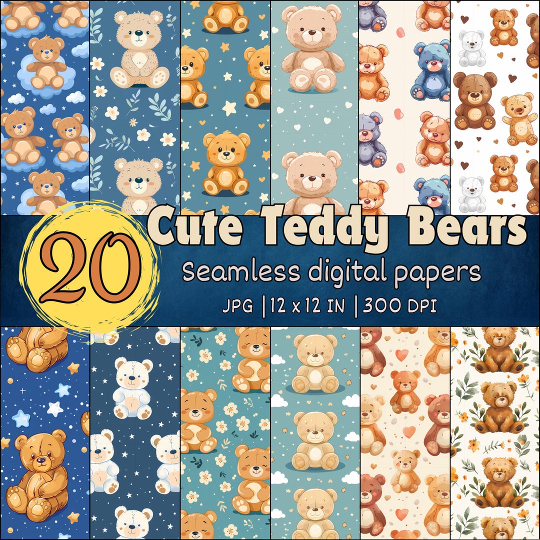 Adorable Teddy Bear Seamless Patterns, Cute Teddy Bear Digital Papers ...