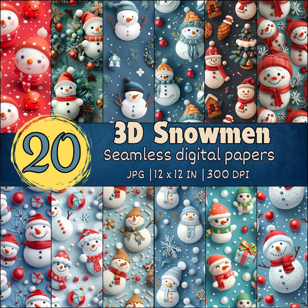 Cute 3D Snowmen Seamless Patterns, Cute Christmas Digital Papers ...