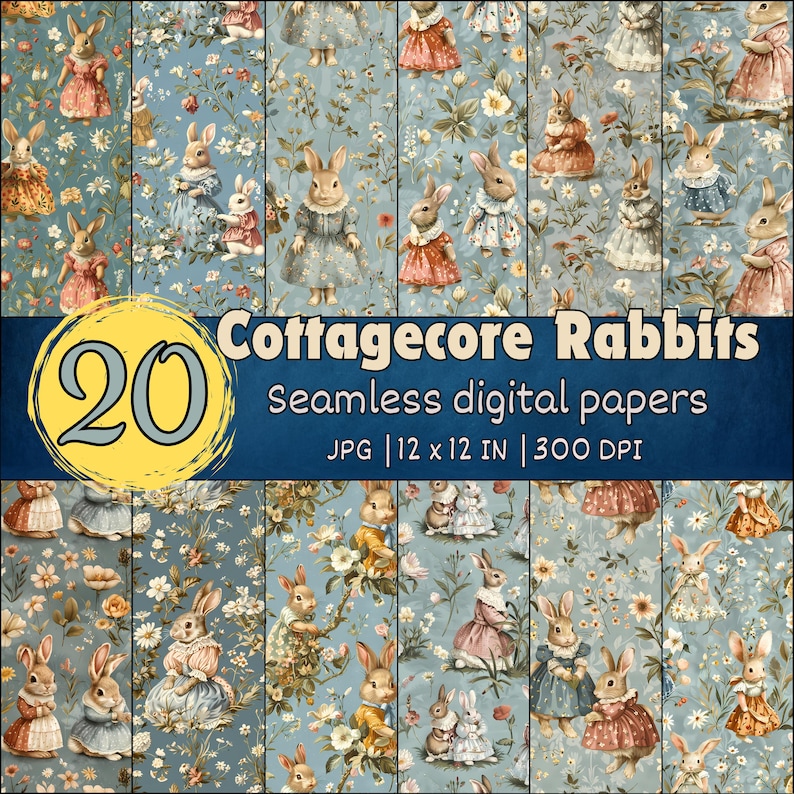Vintage Dressed Rabbit Seamless Patterns, Cottagecore Digital Papers ...