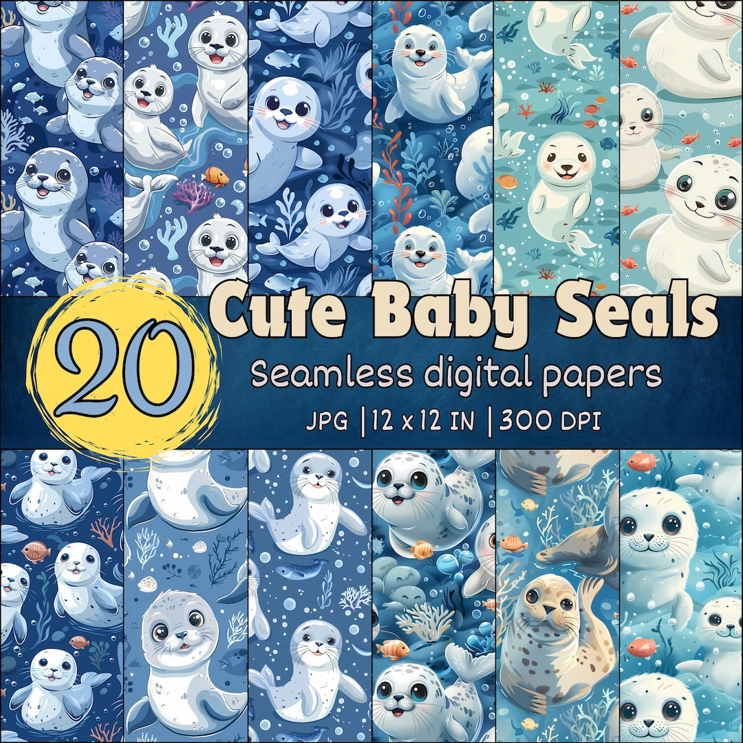 Cute Baby Seals Seamless Patterns, Adorable Seal Digital Papers ...