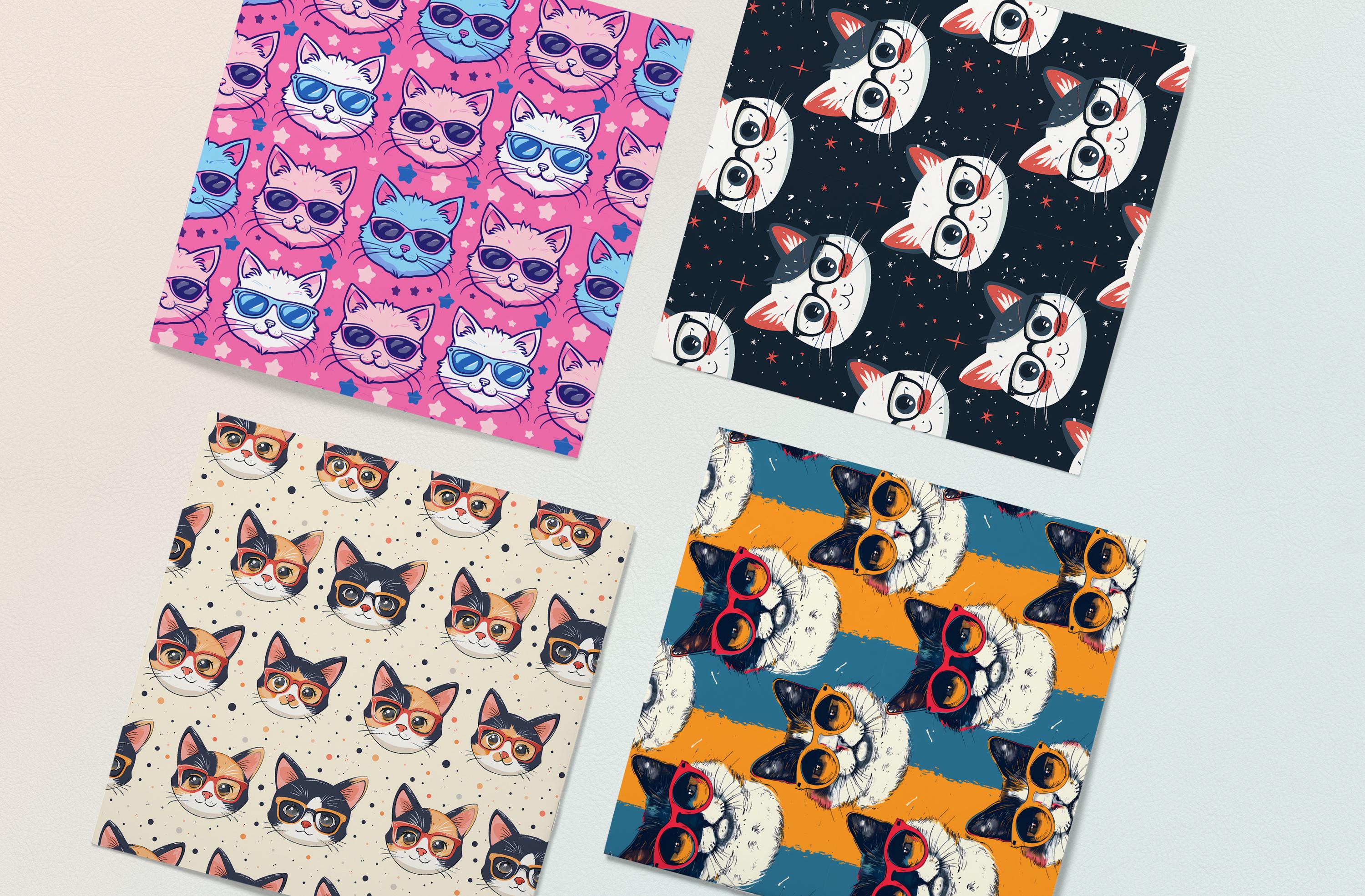 Cute Cat With Glasses Digital Papers, Kawaii Kittens Seamless Patterns ...