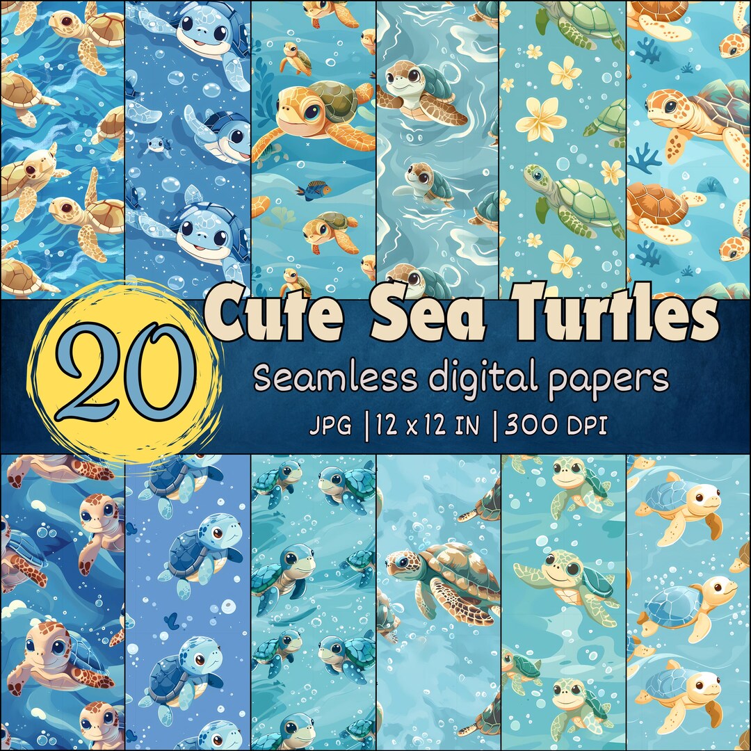 Cute Sea Turtle Seamless Patterns, Ocean Digital Papers, Cute Marine ...