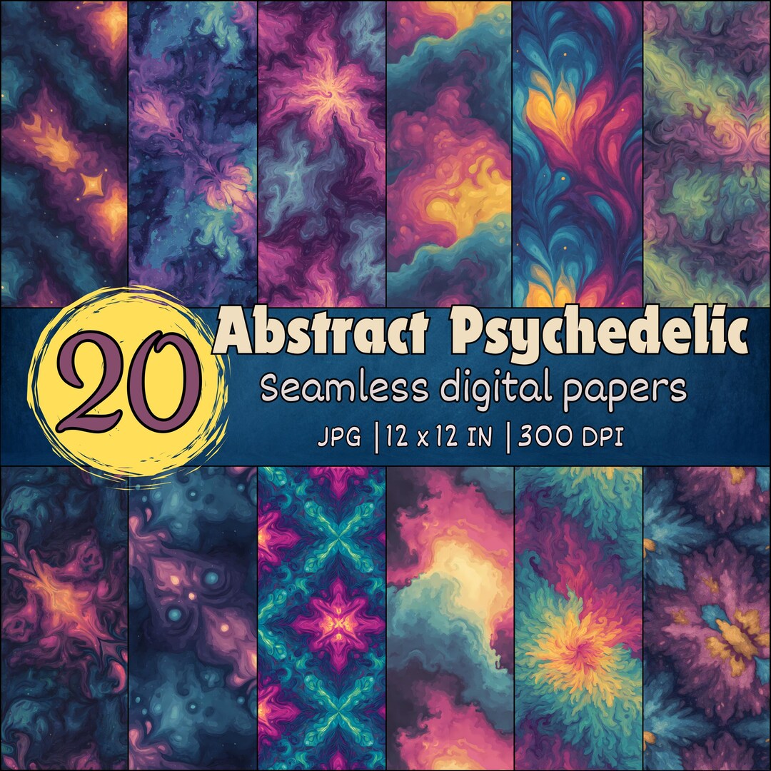 Psychedelic Abstract Seamless Patterns, Trippy Colorful Digital Paper ...