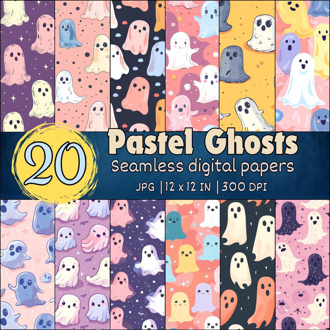 Cute Pastel Halloween Ghosts Seamless Pattern, Kawaii Ghosts Digital ...