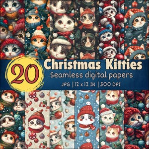 Cute Christmas Kittens Seamless Patterns, Festive Cat Digital Papers ...