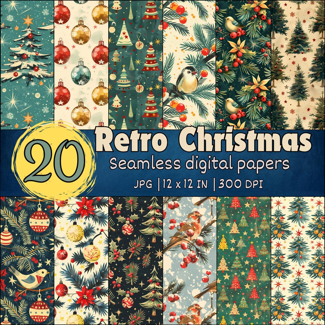 Retro Christmas Seamless Patterns, Vintage Christmas Digital Papers ...