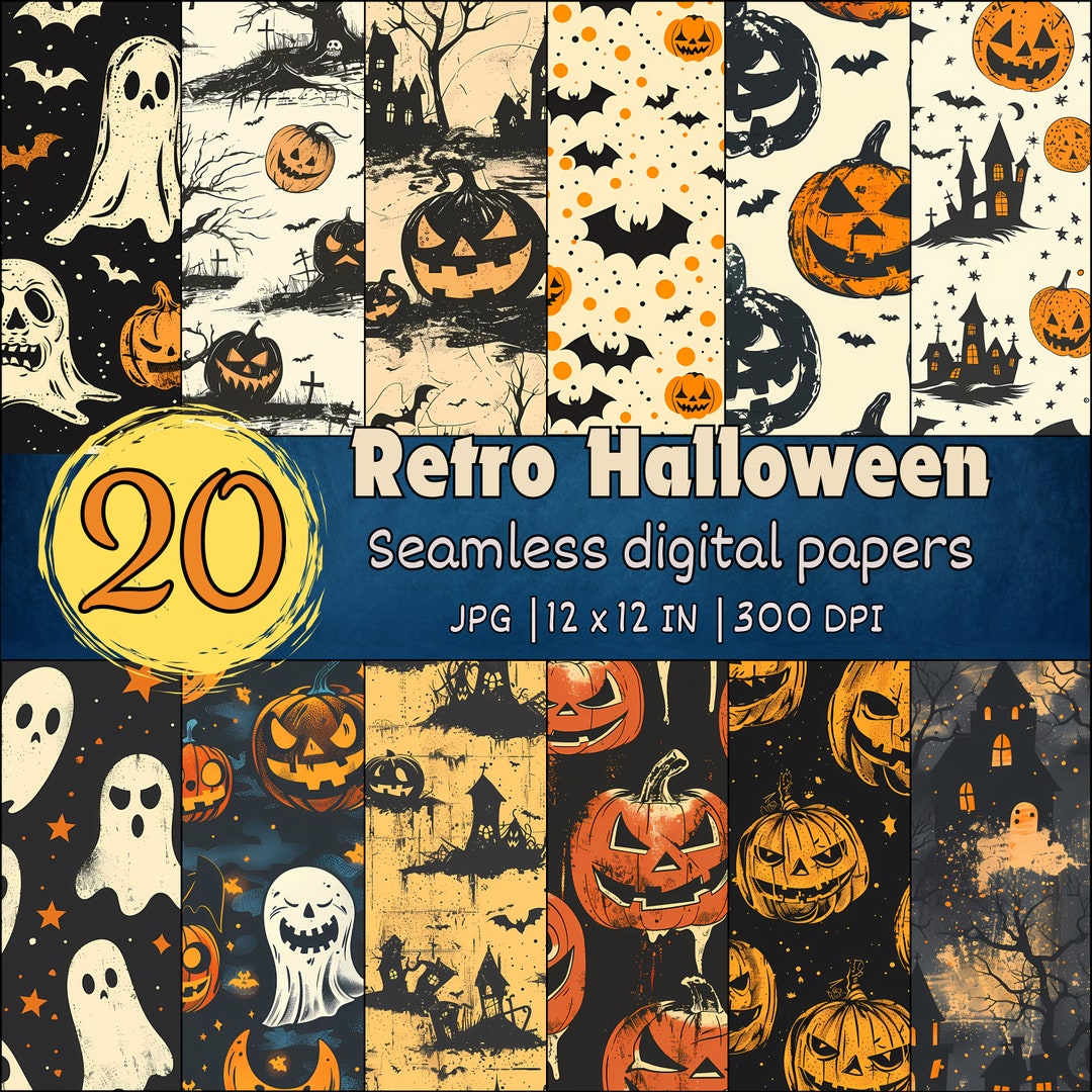 Retro Halloween Seamless Pattern, Retro Style Halloween Digital Papers ...