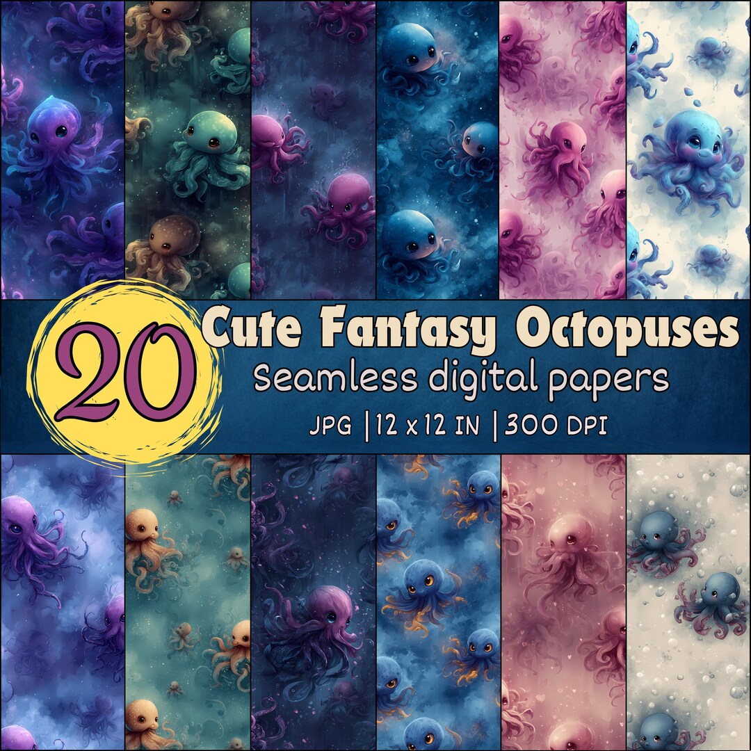 Cute Fantasy Octopus Digital Paper, Underwater Sea Creatures Seamless ...
