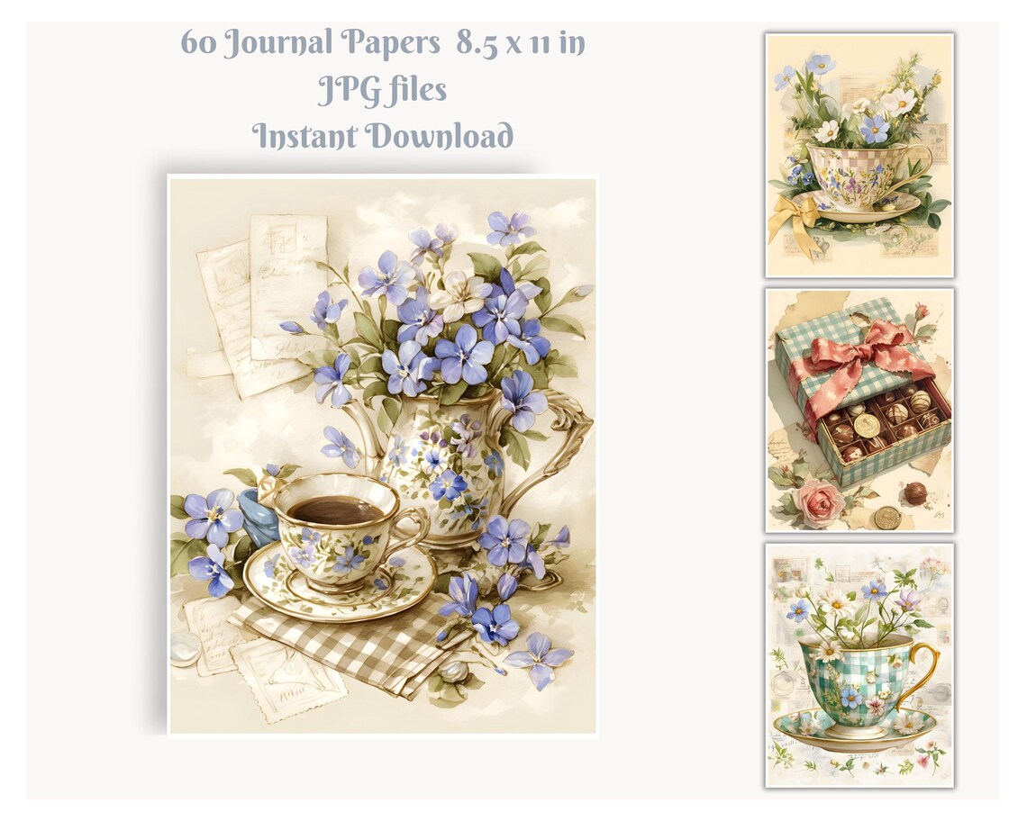 Vintage Tea Junk Journal Pages, Teapot Printable Scrapbook Supplies ...