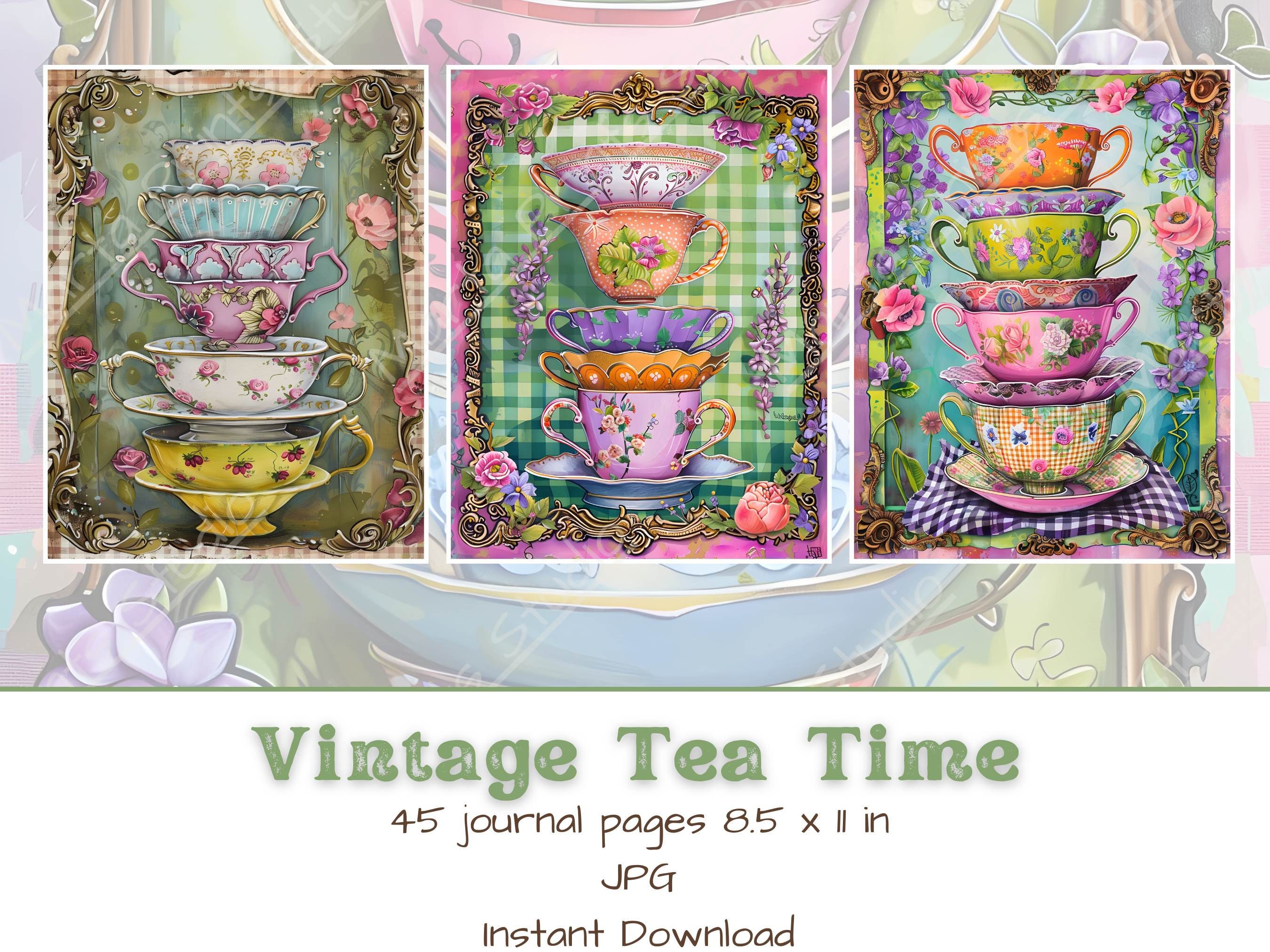 Vintage Tea Time Junk Journal Pages, Retro Teapot Printable Scrapbook ...