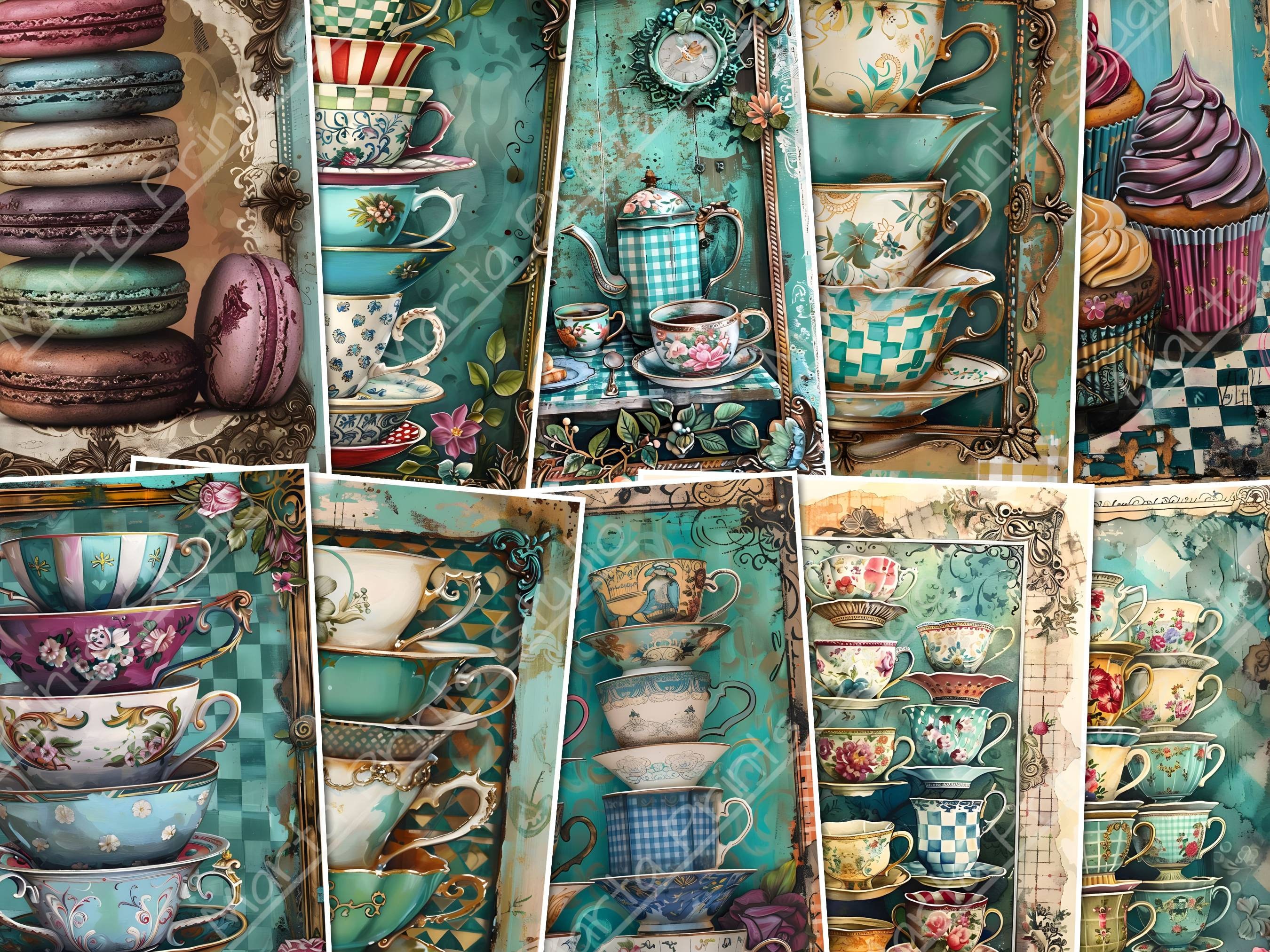 Vintage Tea Time Junk Journal Pages, Retro Teapot Printable Scrapbook ...
