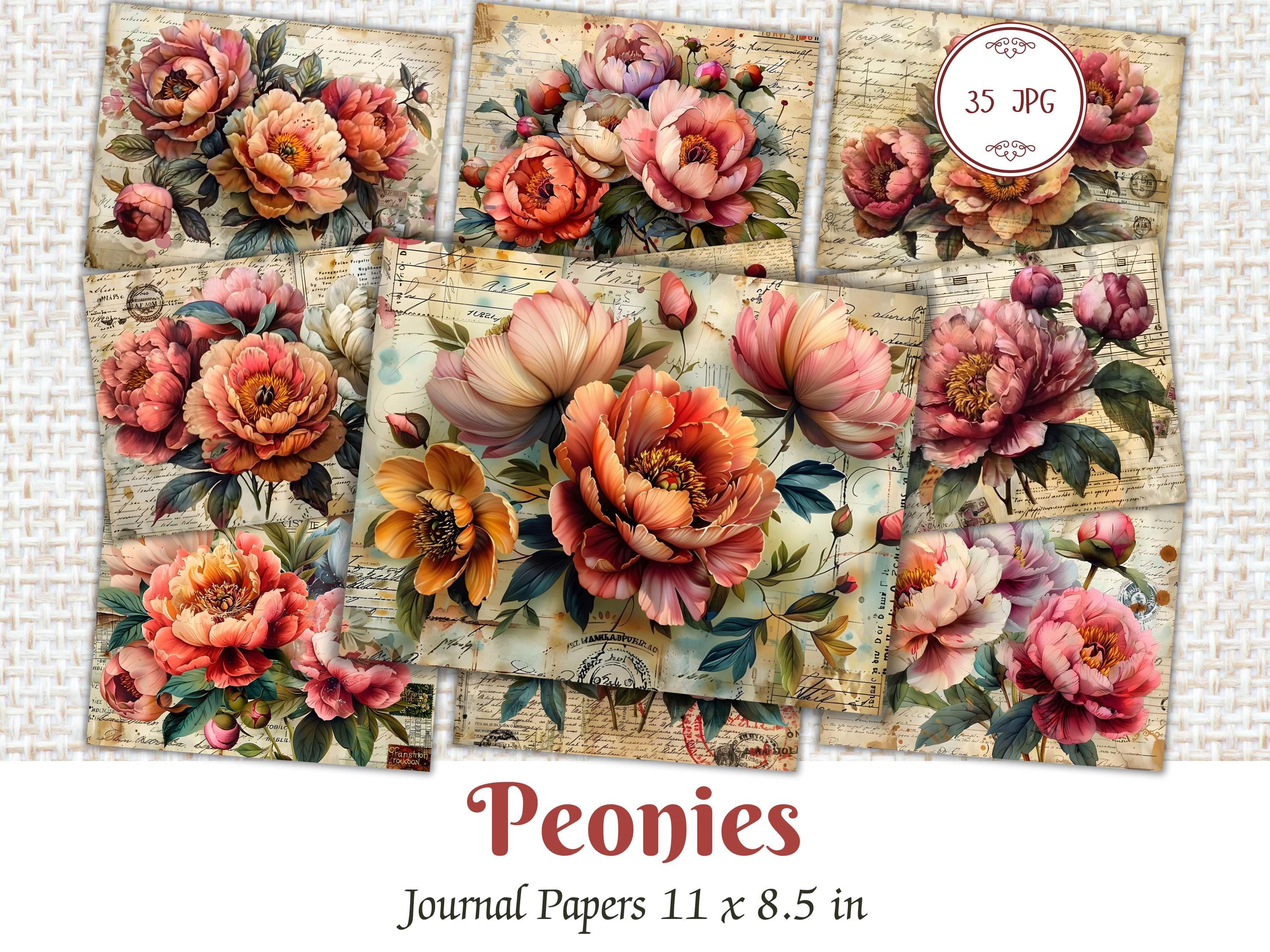 Vintage Peony Junk Journal Pages, Watercolour Peonies Junk Journal Kit ...