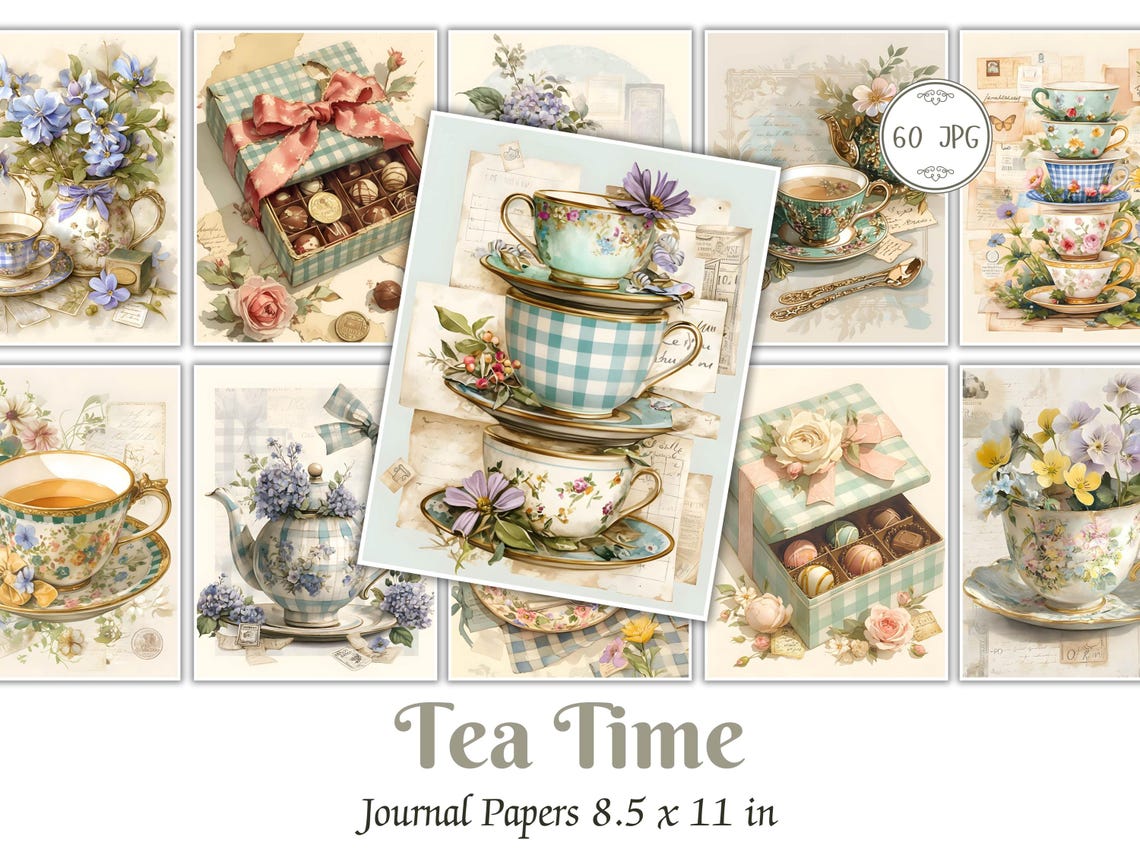 Vintage Tea Junk Journal Pages, Teapot Printable Scrapbook Supplies ...